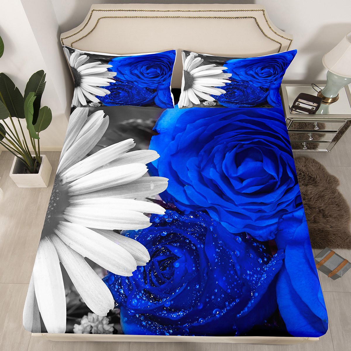Rose Daisy Fitted Sheet Twin Size, 3D Printed Blue Rose Bed Sheets Set ...