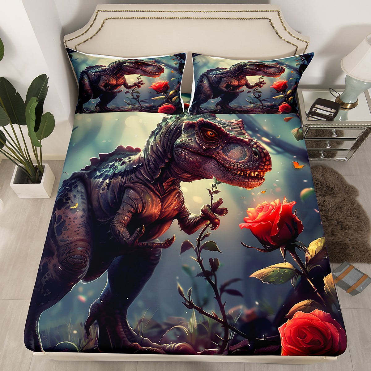 Rose Dinosaur Fitted Sheet Gothic Dino Bed Sheets Twin,Goth Jungle Animal Sheets Paleontology ...