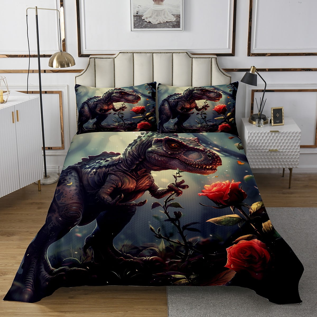 Rose Dinosaur Quilt Set Gothic Dino Bedspread Set Queen,Goth Jungle ...