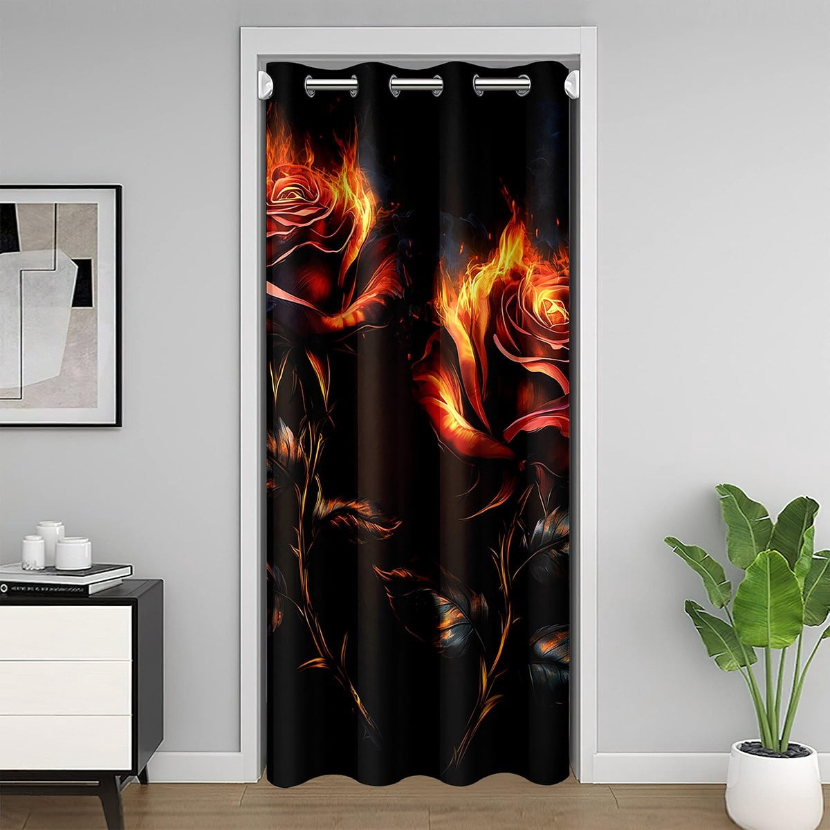 Rose Door Curtain for Doorway Privacy,Black Gothic Fire Roses Room ...