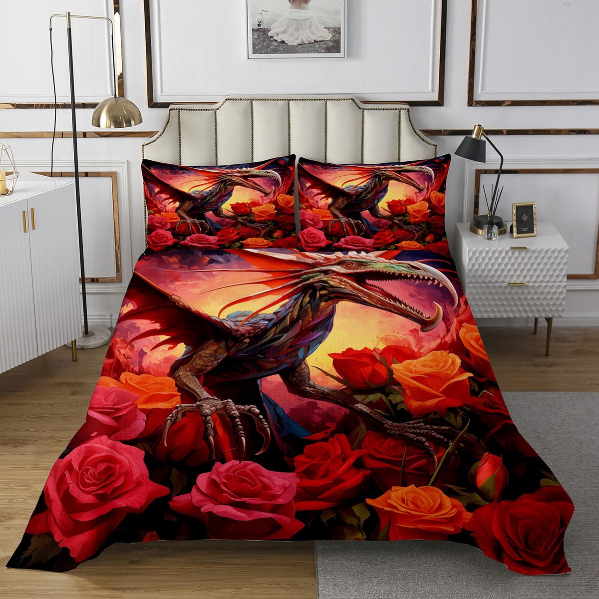 Rose Dragon Quilt Set Gothic Pterosaur Bedspread Set King,Jungle Animal ...