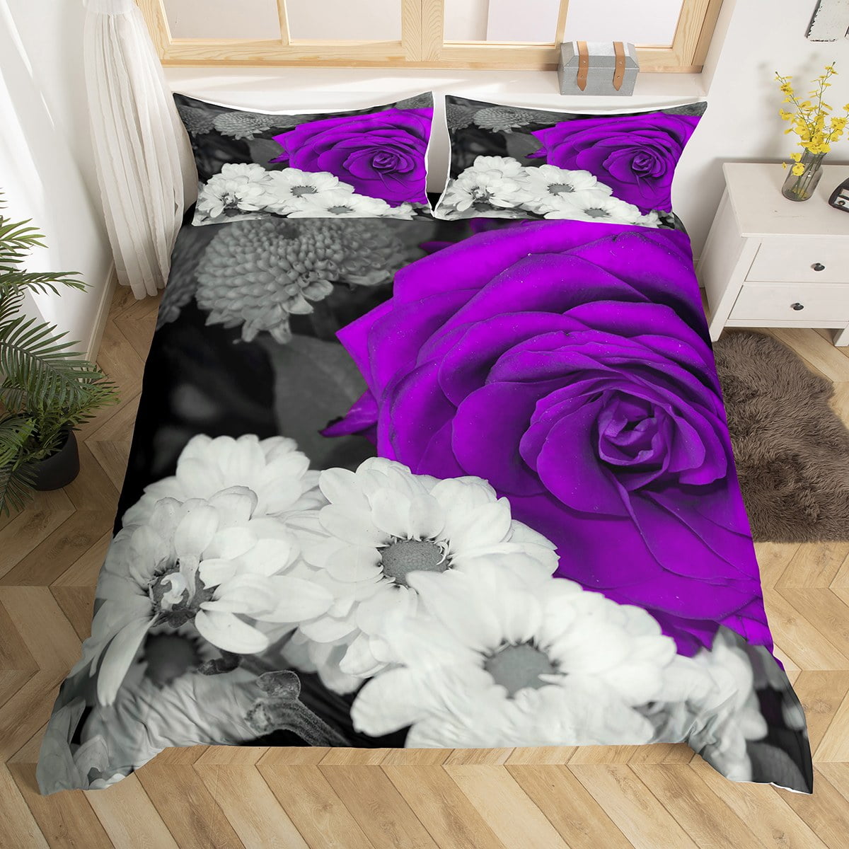 Rose Duvet Cover Queen Size, Purple Rose Floral Bedding Set, Romantic ...