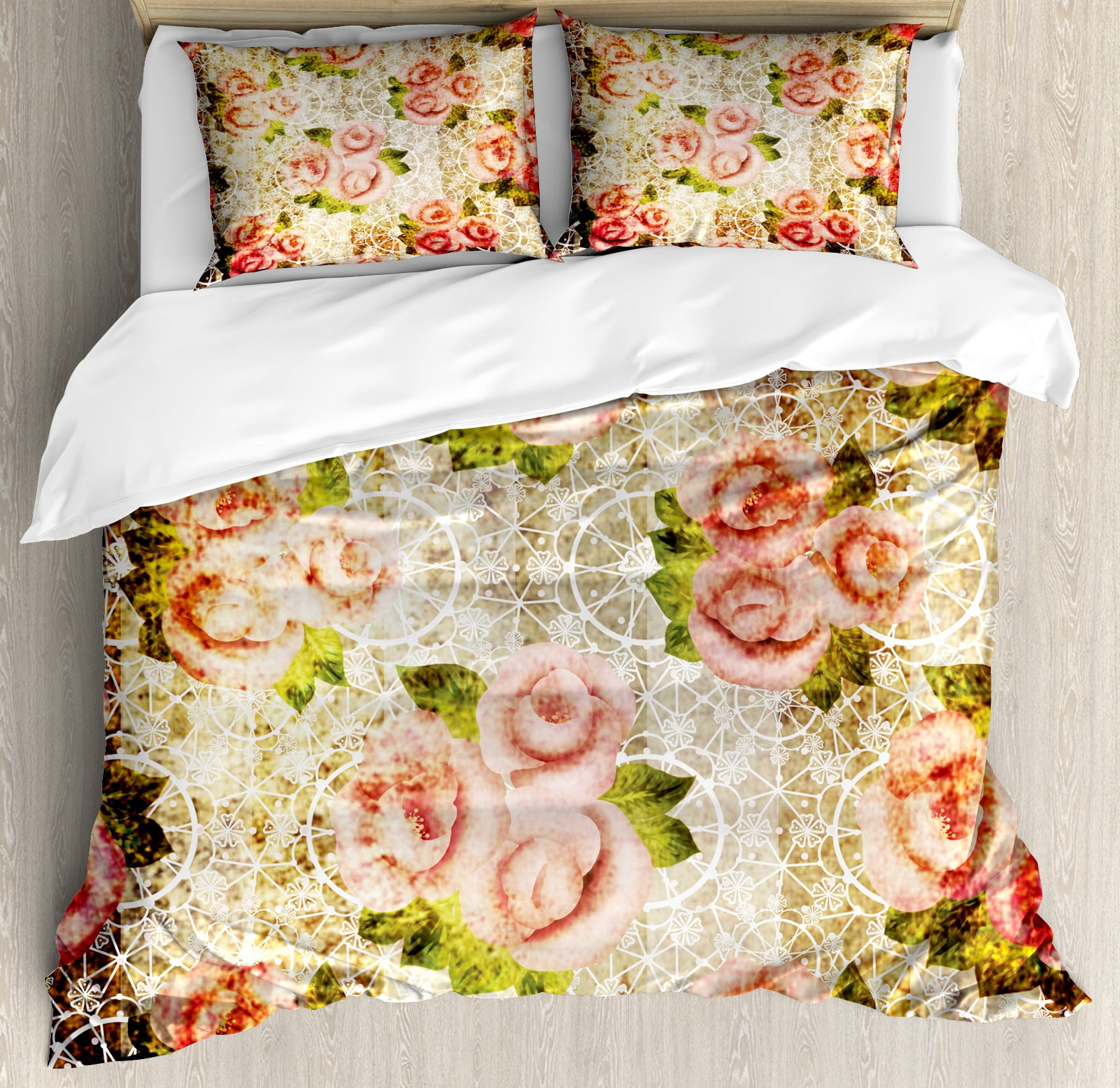 Rose Duvet Cover Set, Grunge Psychedelic Floral Motif with Dated Retro ...