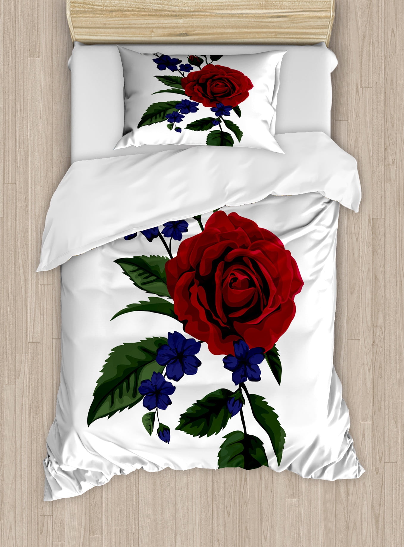 Rose Duvet Cover Set, Rosebud with Little Blossoms Leaves Love and ...