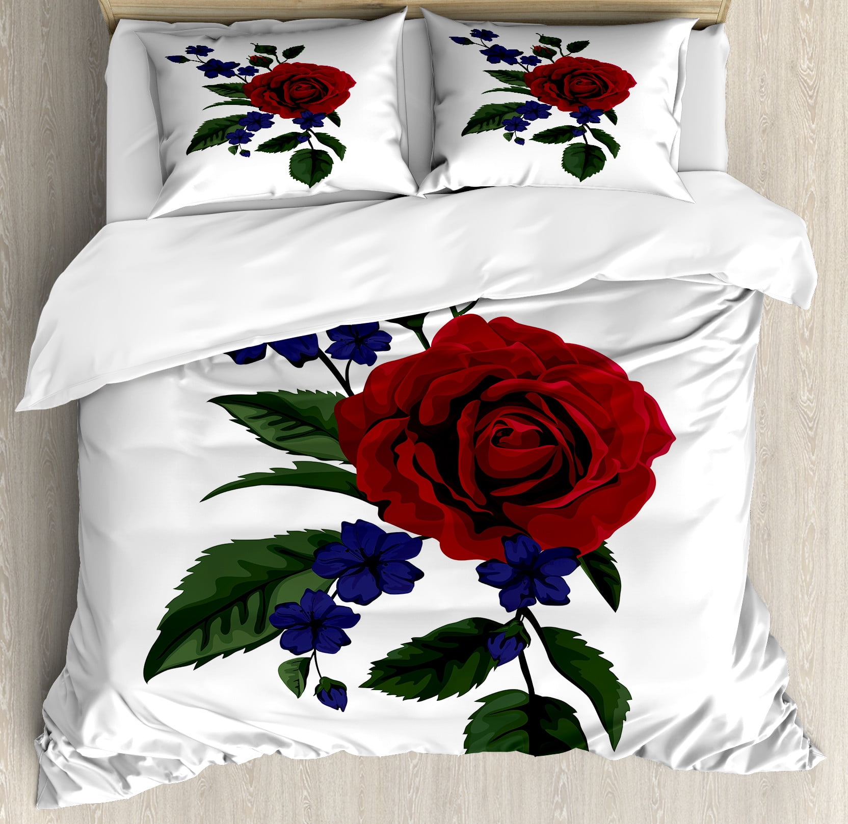 Rose Duvet Cover Set, Rosebud with Little Blossoms Leaves Love and ...