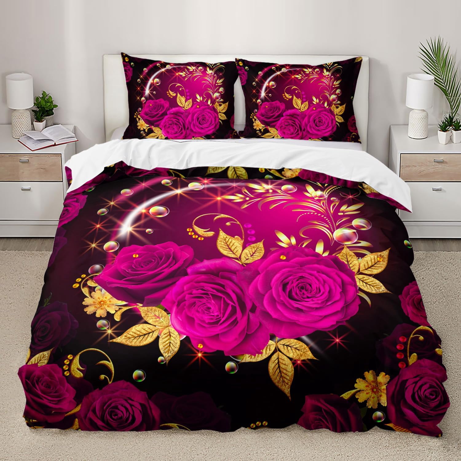 Rose Duvet Cover Set Size 3D Red Floral Bedding Set Romantic Botanical ...