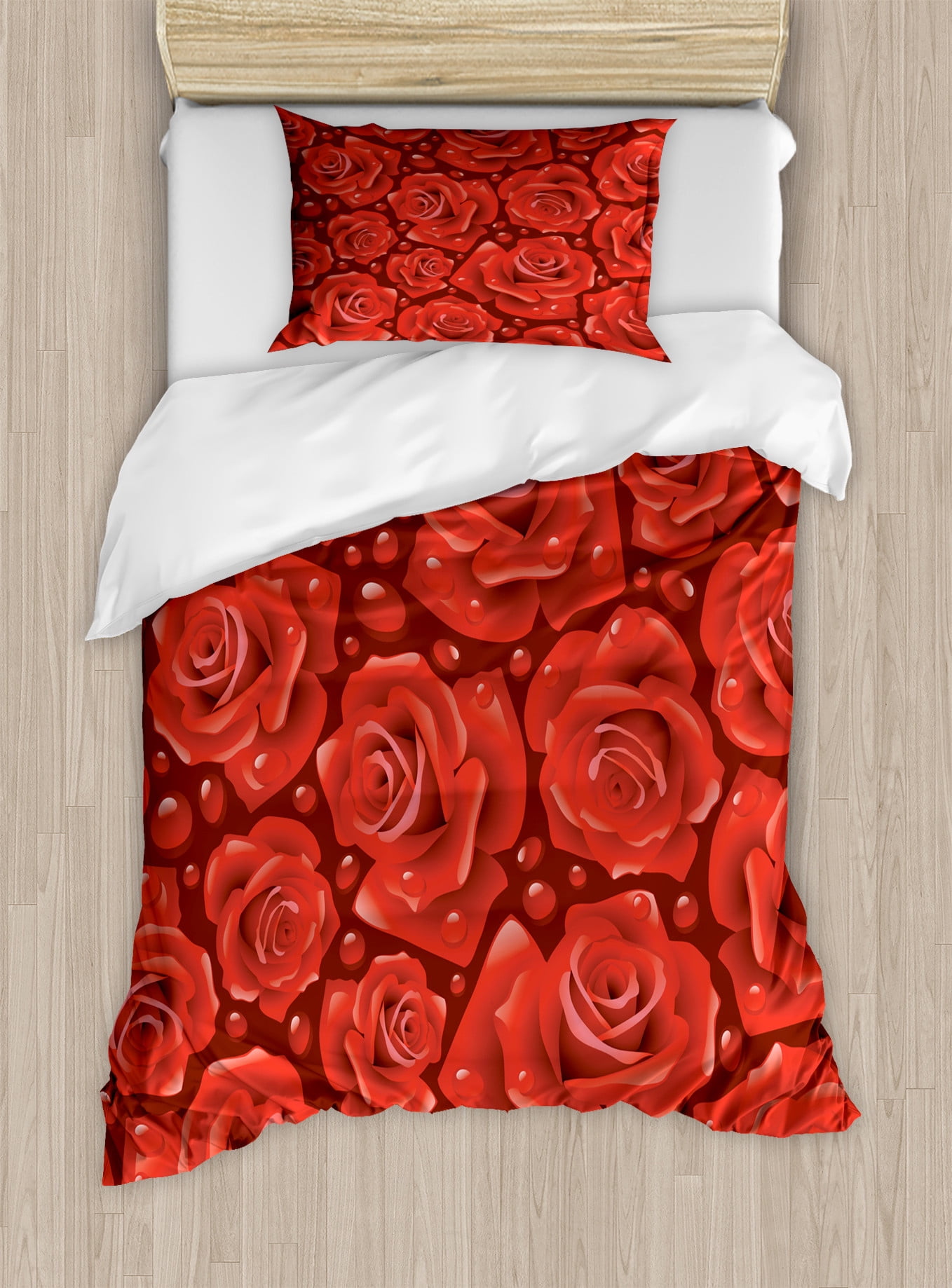 Rose Duvet Cover Set, Vivid Red Roses Rain Water Drops Graphic Dewy ...