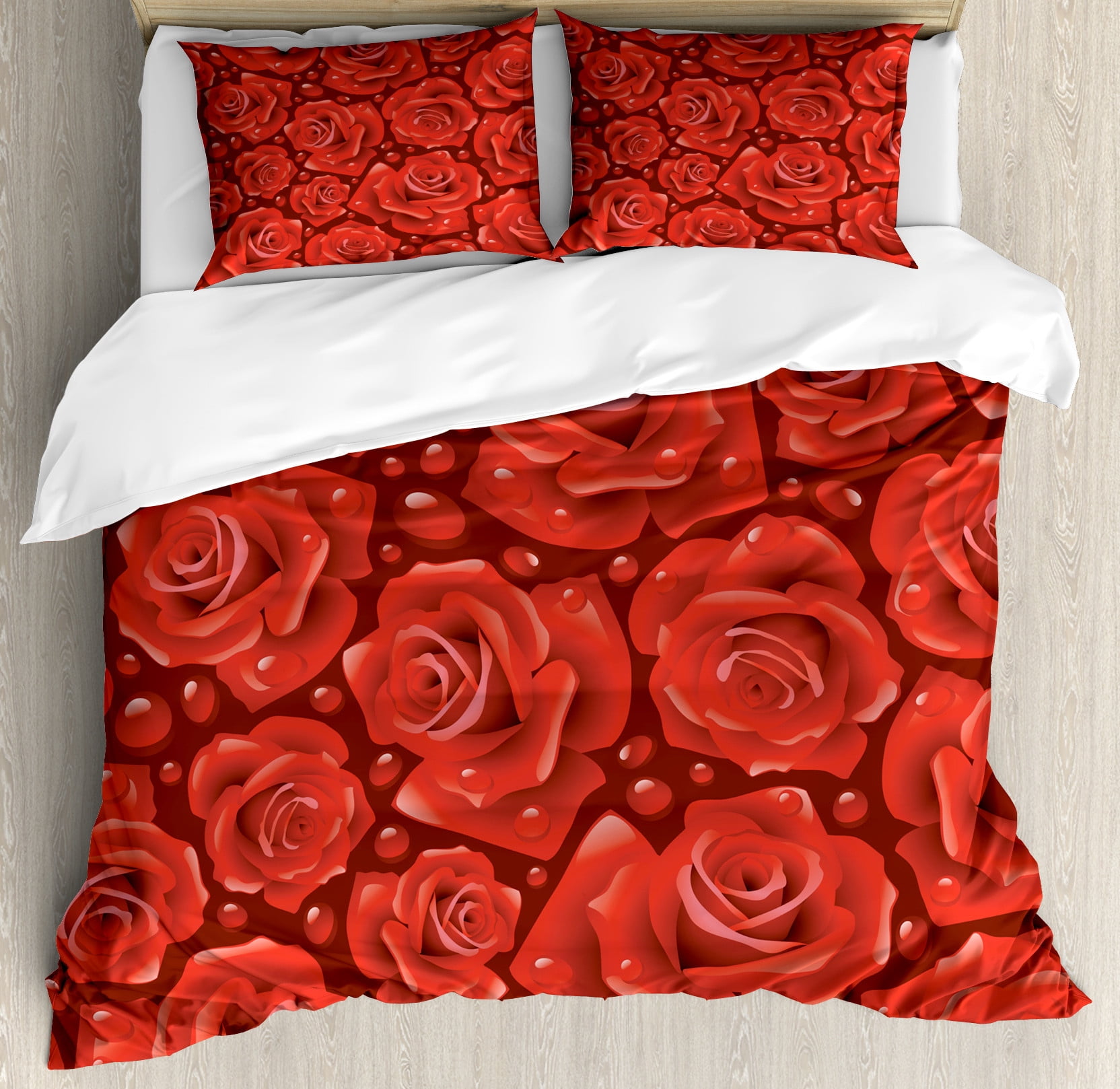 Rose Duvet Cover Set, Vivid Red Roses Rain Water Drops Graphic Dewy ...