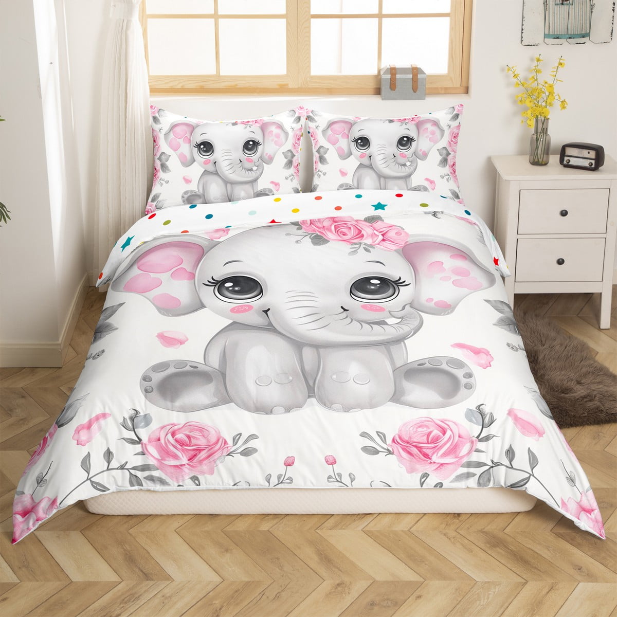 Rose Elephant Full Comforter Cover,Kawaii Elephant Bedding Set Cute ...