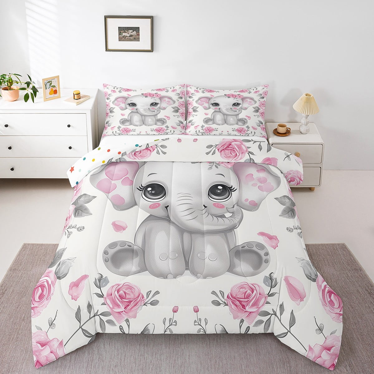 Rose Elephant King Comforter Set,Kawaii Elephant Bedding Set Cute Pink ...