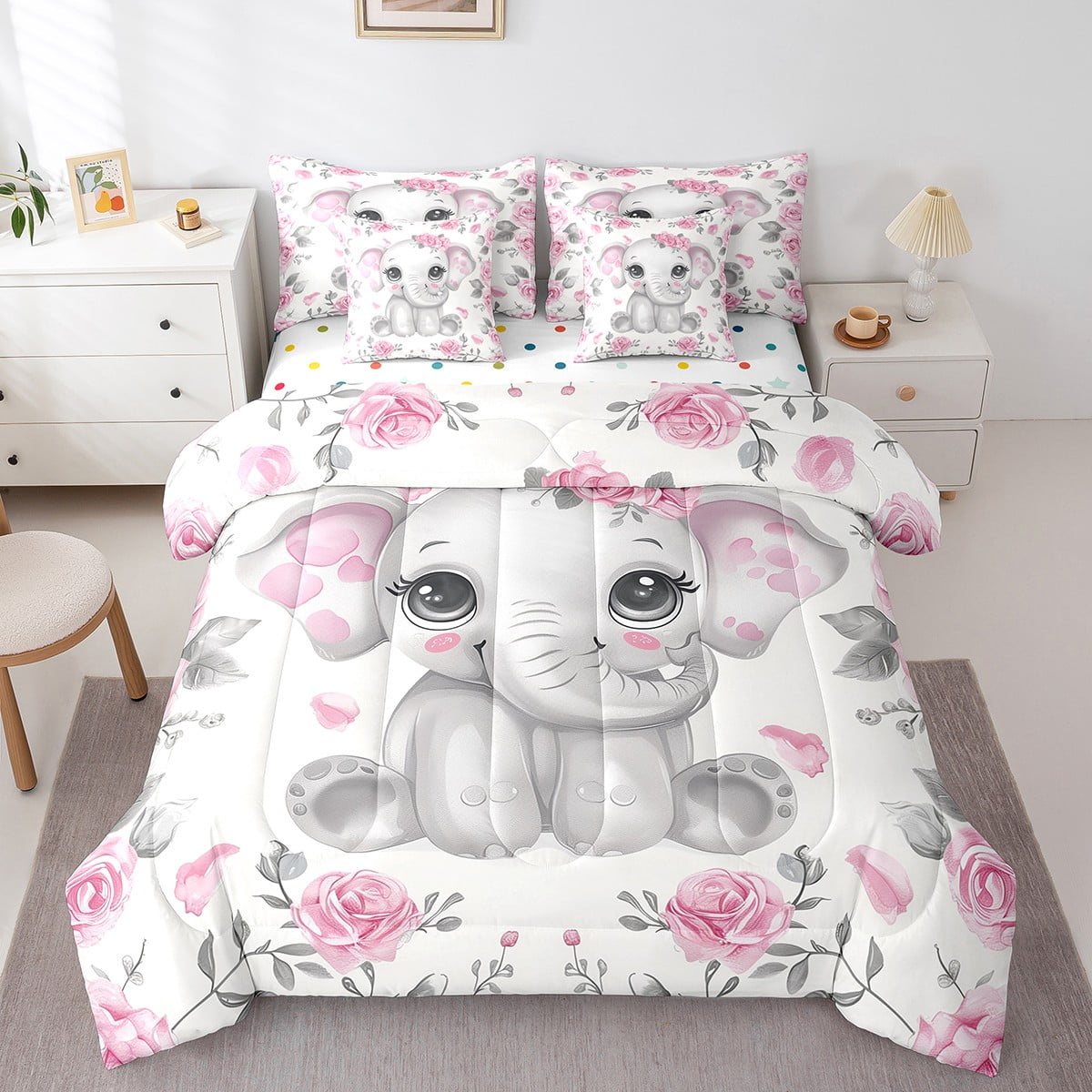 Rose Elephant Queen Comforter Set 7 Piece For Girls,Kawaii Elephant ...