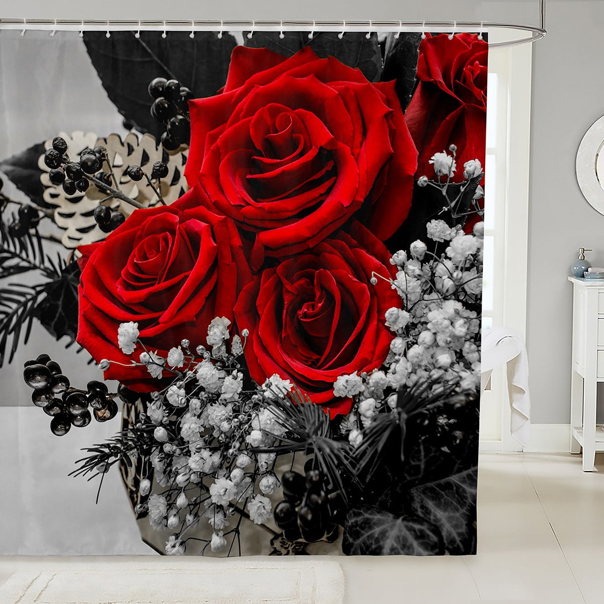 Rose Floral Bathroom Shower Curtain Sets, Romantic Red Flowers Shower ...
