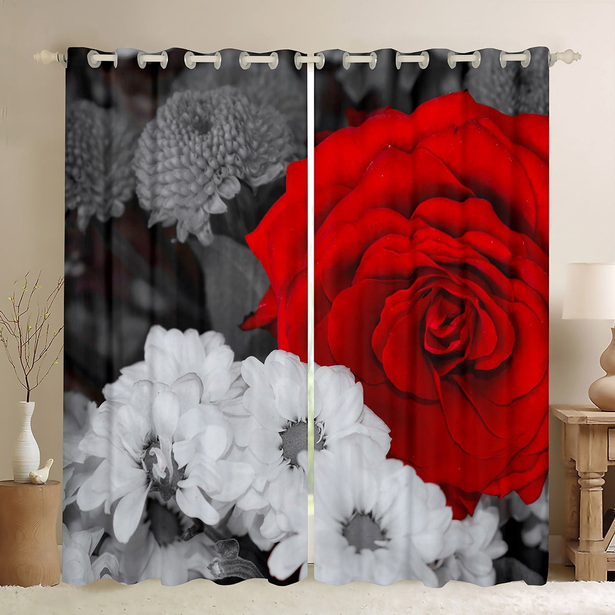 Rose Floral Blackout Curtains, Red Black Grey 3D Rose Curtains Teens ...