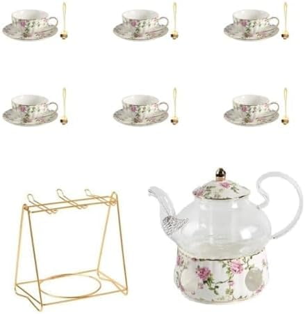 Rose Floral Ceramic Tea Set Gift Box 6-Cup Collection with Glass Teapot ...