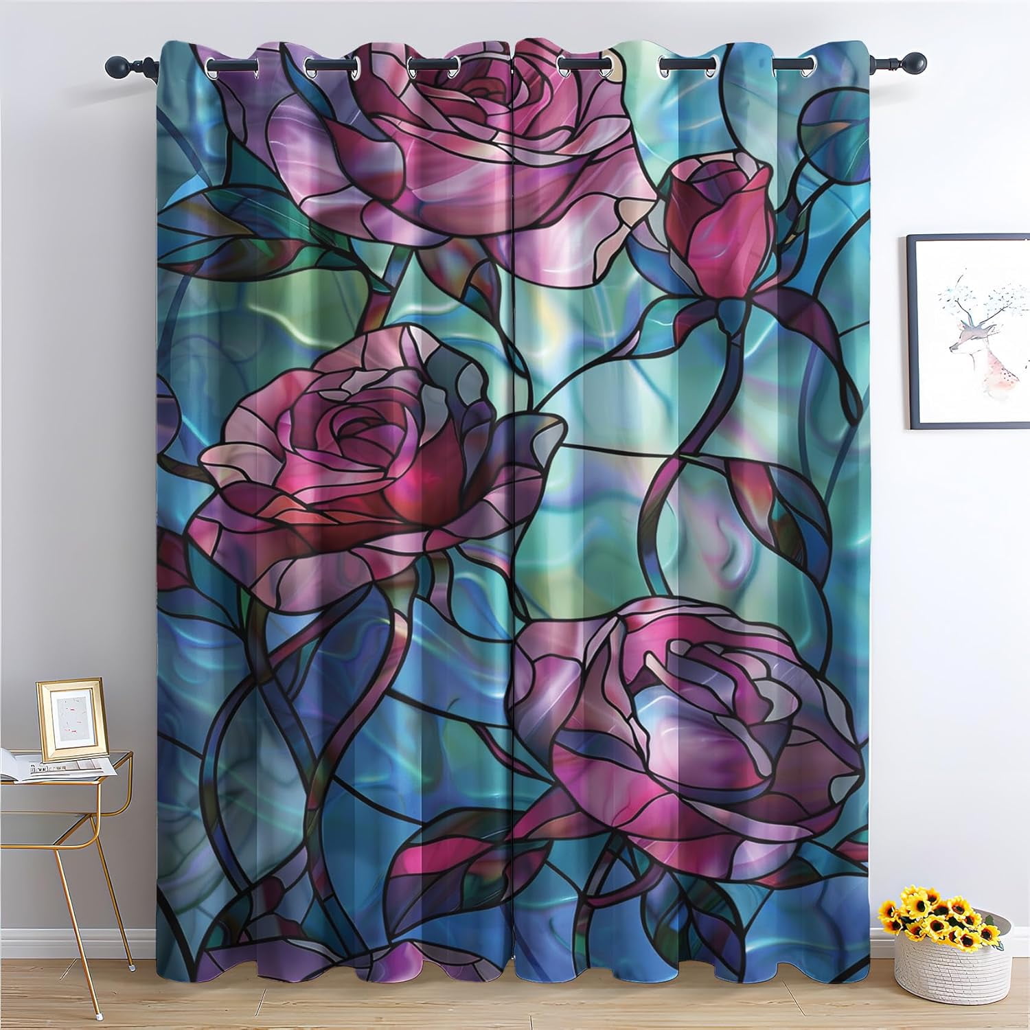 Rose Floral Curtains, Pink Flower Window Curtains, Stained Glass ...
