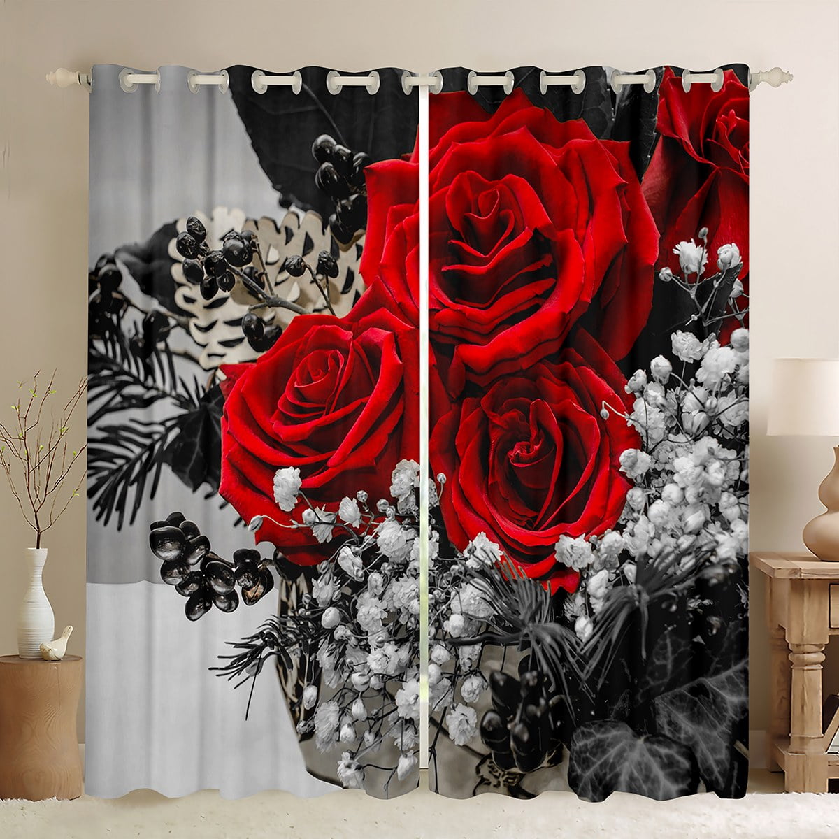 Rose Floral Curtains, Romantic Red Flowers 30%-50% Blackout Curtains ...