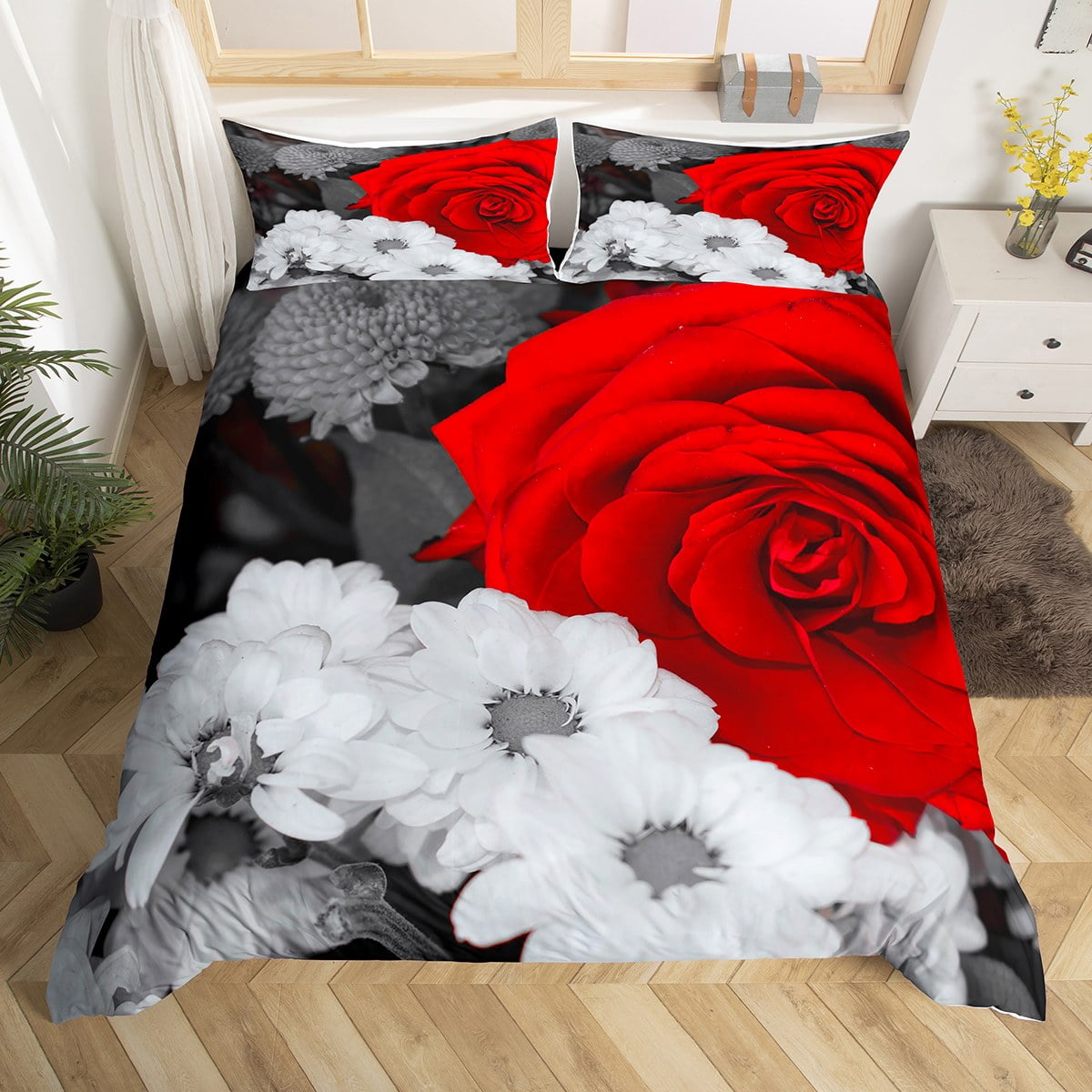 Rose Floral Duvet Cover Queen, Red Black Grey 3D Rose Bedding Set Teens ...