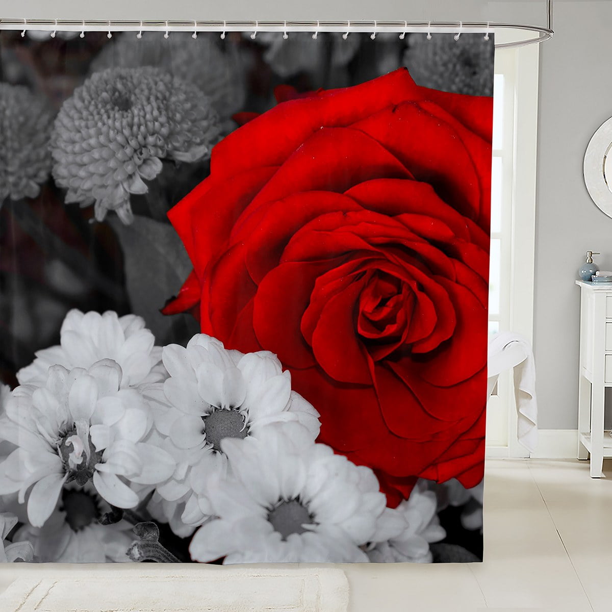 Rose Floral Shower Curtain Red Black Grey 3d Rose Bathroom Shower