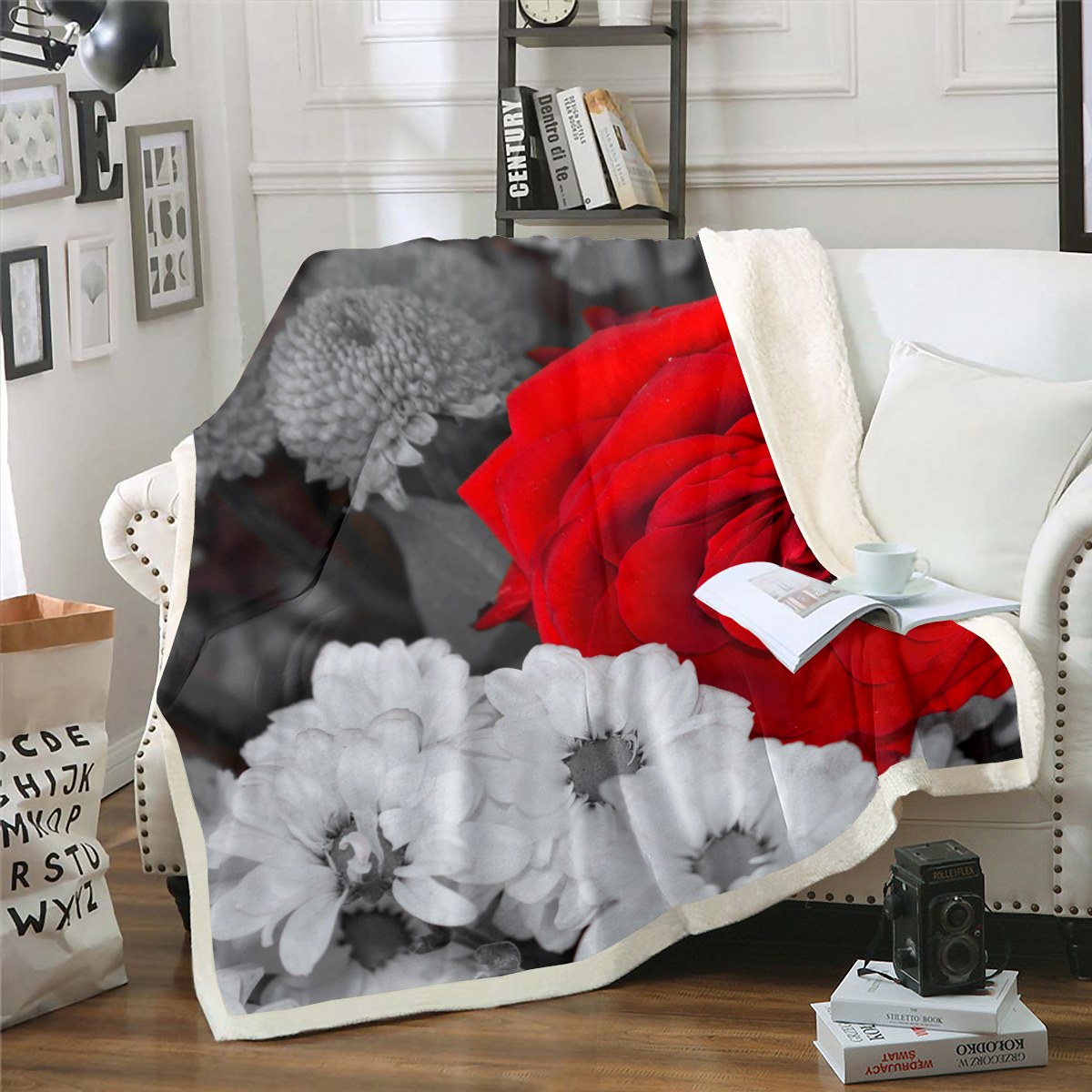 Rose Floral Throw Blanket Twin Size, Red Black Grey 3D Rose Fleece ...