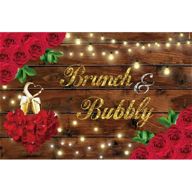 Rose Flower Brunch&Bubbly Backdrop Brown Wood Bridal Shower Women ...
