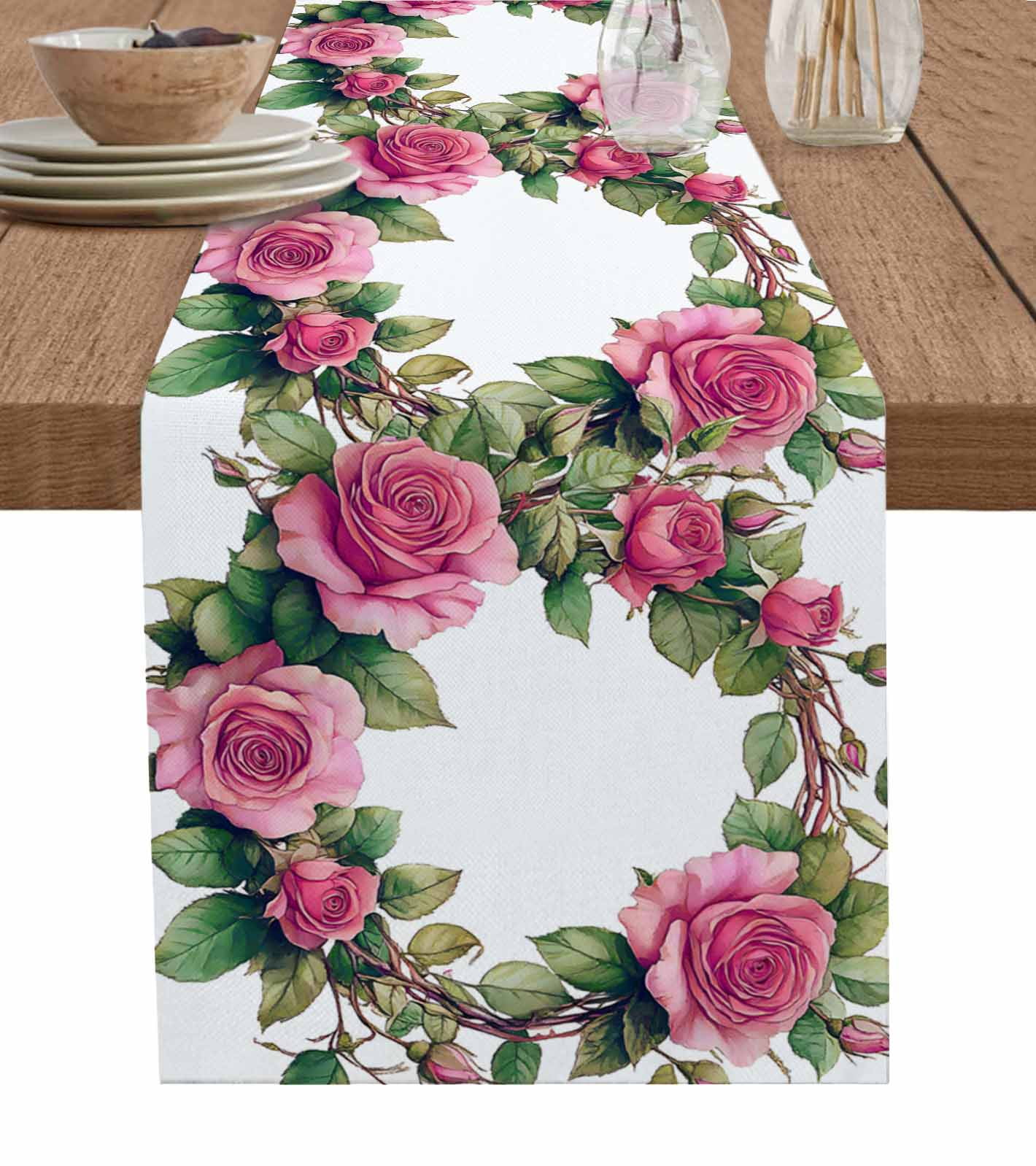 Rose Flower Burlap Cotton Table Runner 13x36 Inches Short, Watercolor ...