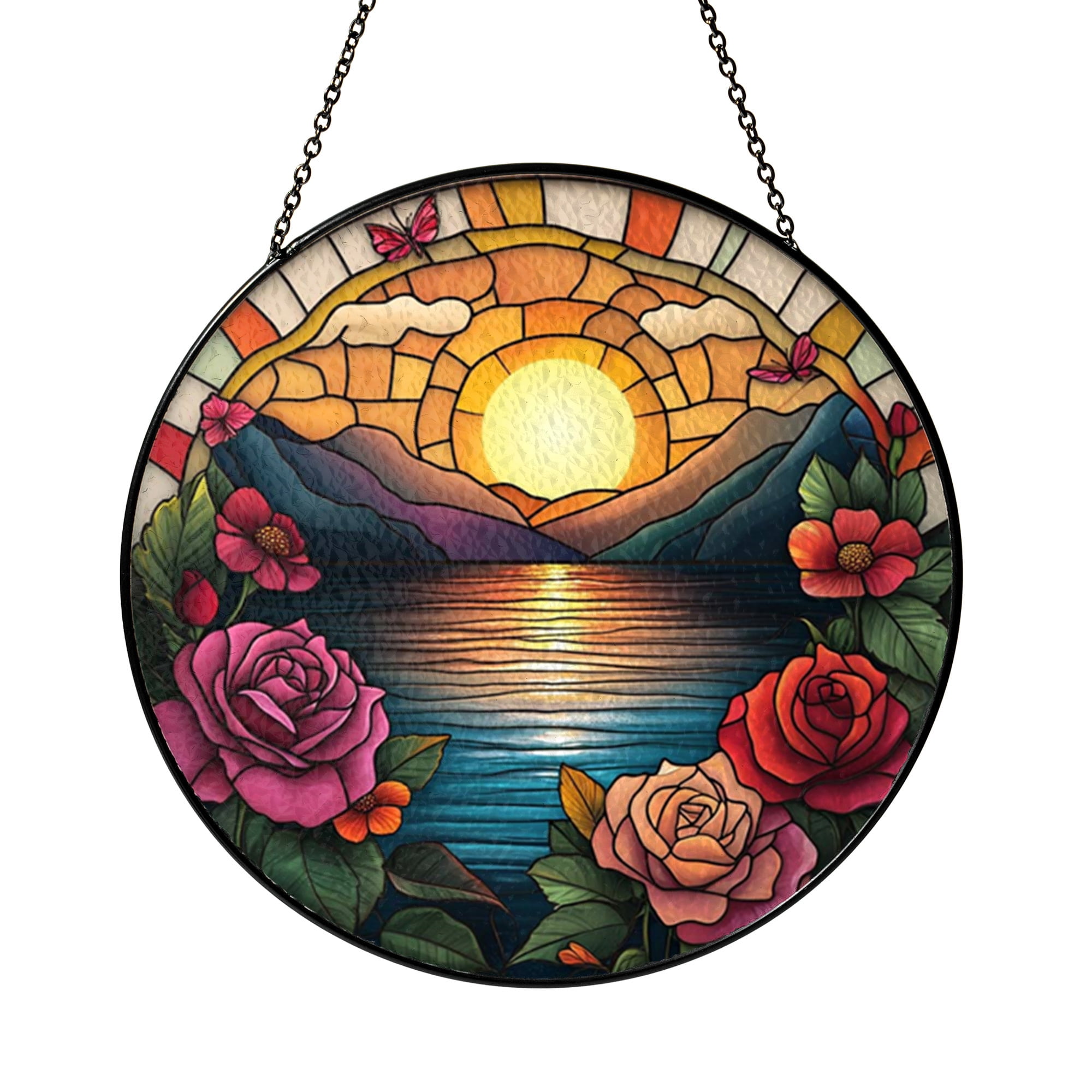 Rose Flower Butterfly Stained Glass Style Suncatcher – Soft Sunset ...