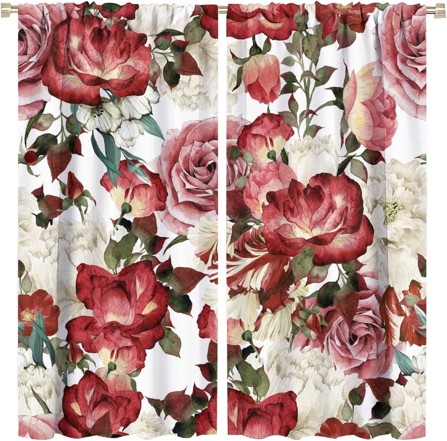 Rose Flower Curtains Retro Romantic Watercolor Floral Rose Red Pink ...