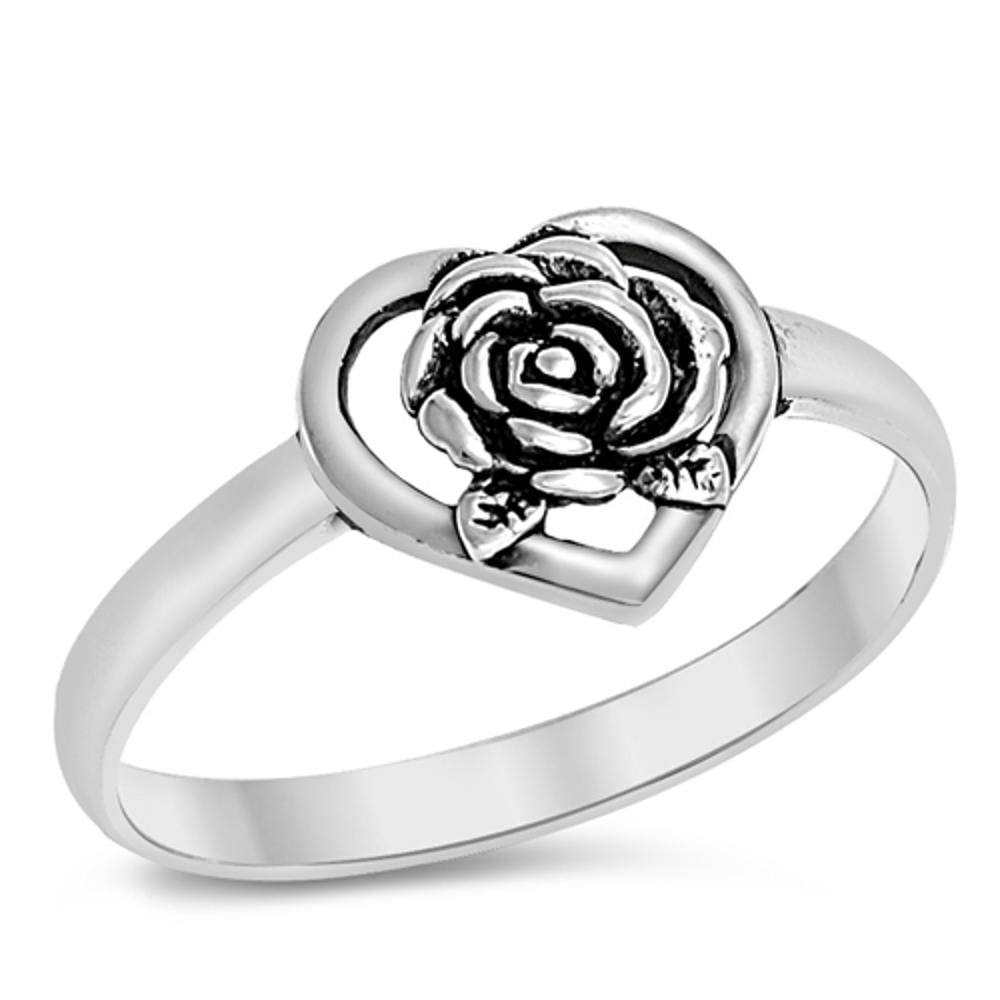 Rose Flower Heart Purity Promise Ring .925 Sterling Silver Band Jewelry ...
