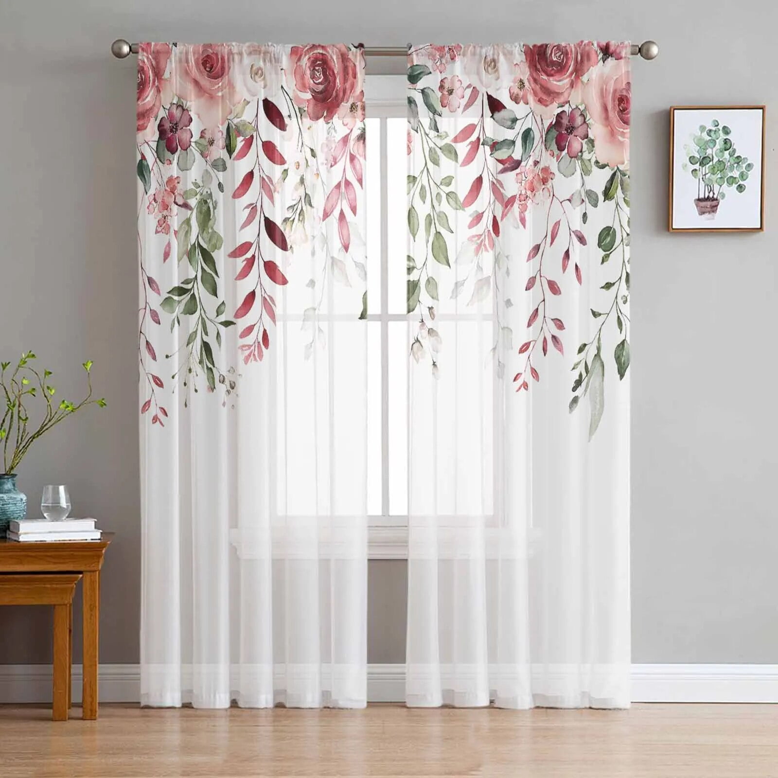 Rose Flower Leaves Tulle Curtains For Living Room Bedroom Kitchen ...