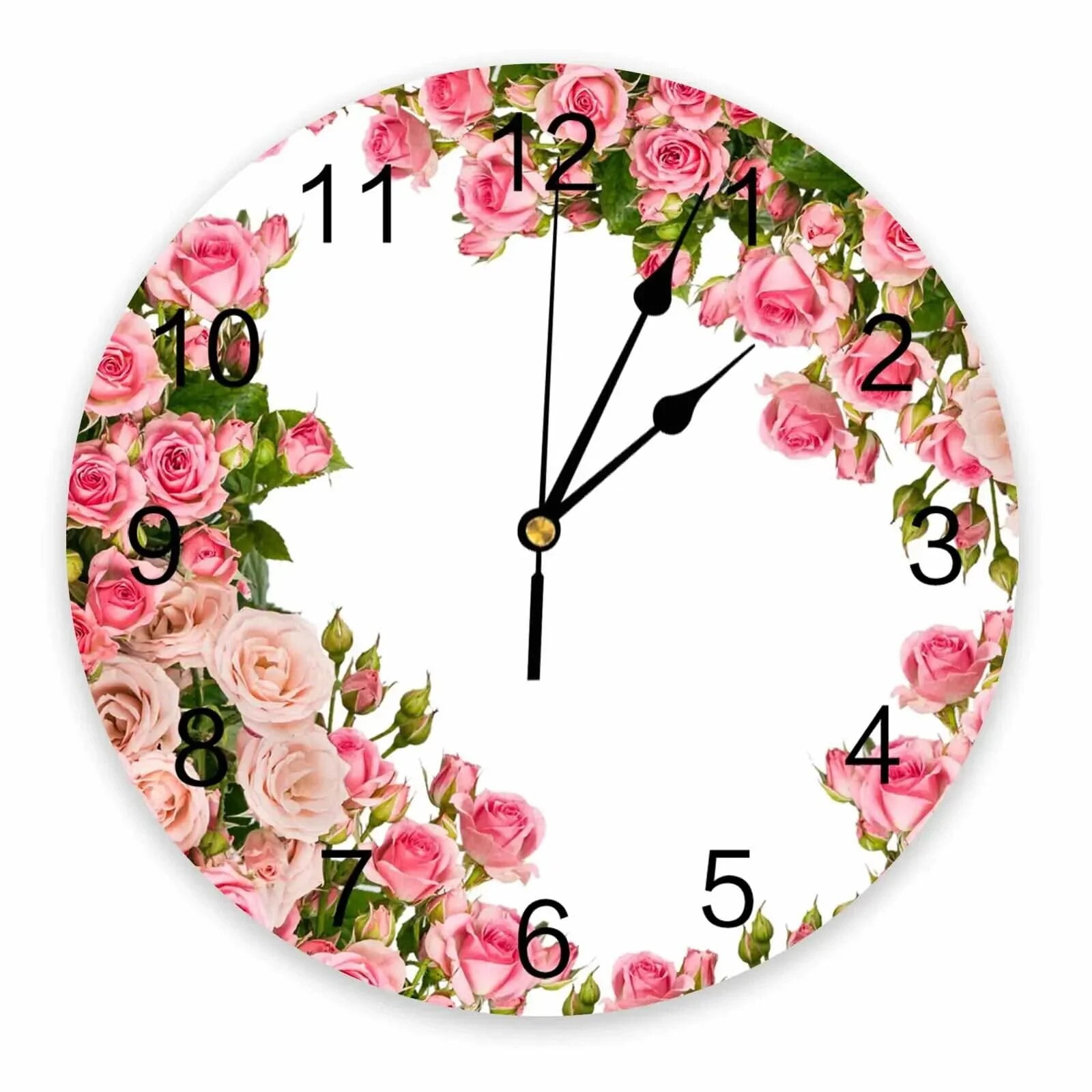 Rose Flower Pink Decorative Round Wall Clock Arabic Numerals Design Non ...