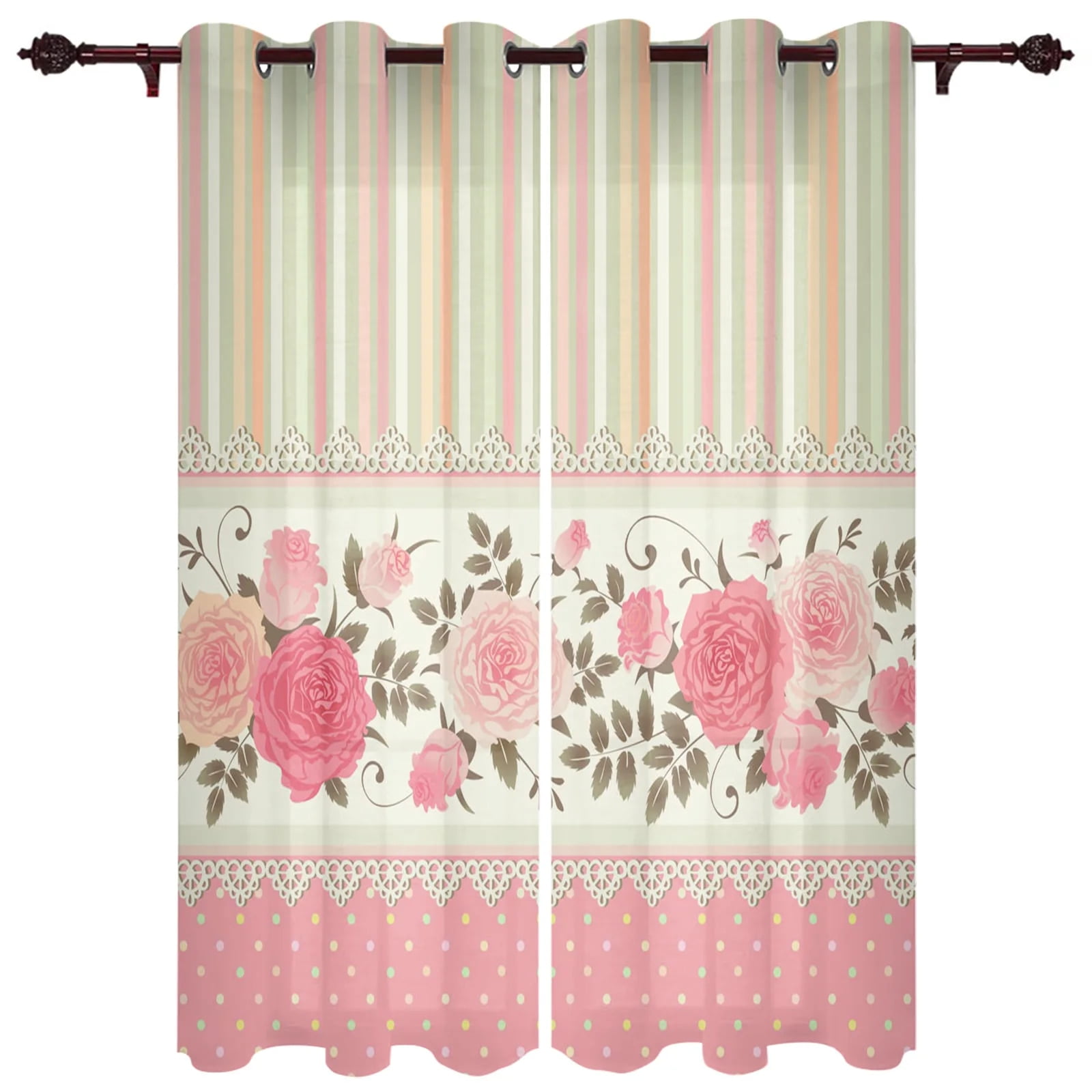 Rose Flower Pink Lace Stripes Luxury Curtains for Living Room Drapes In ...