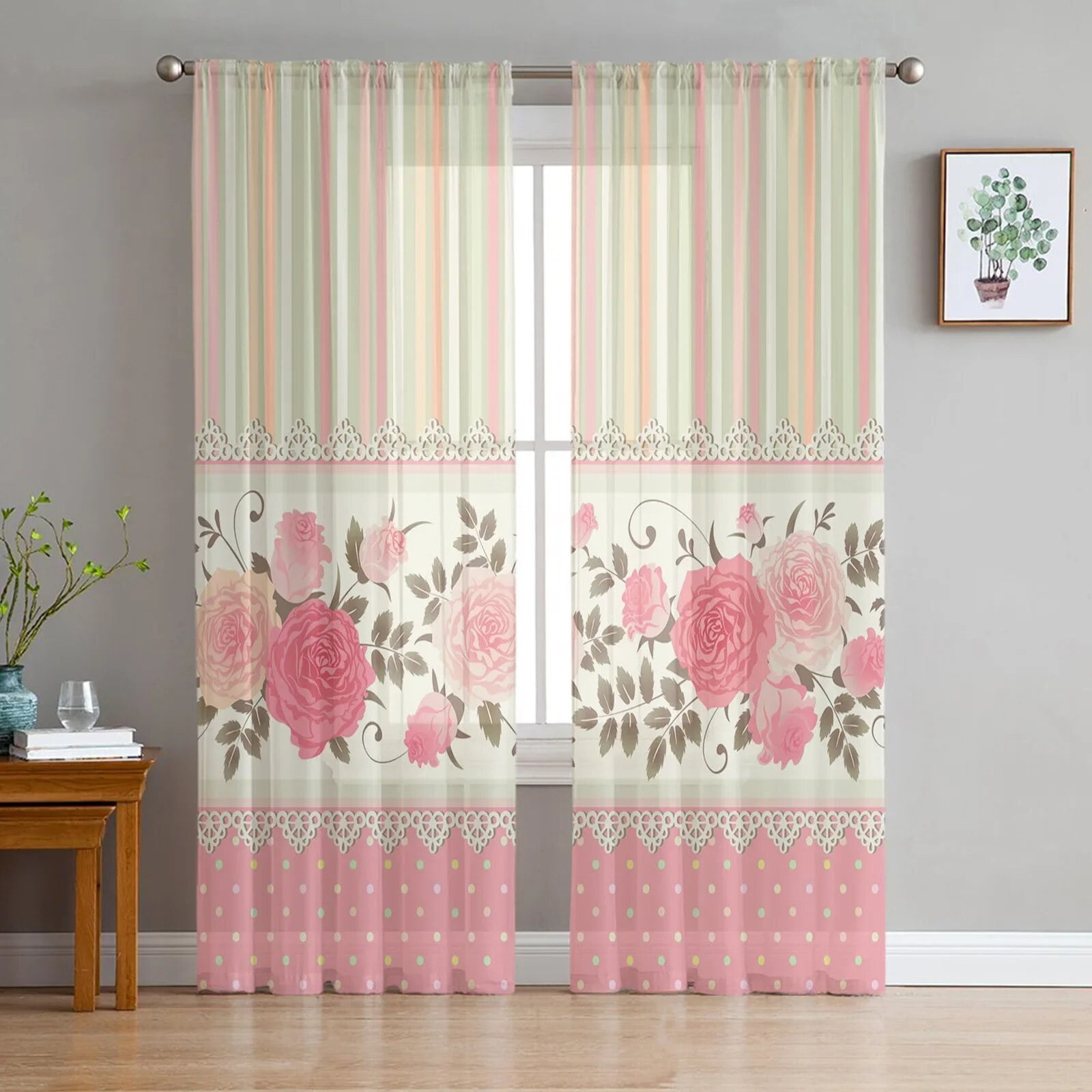 Rose Flower Pink Stripe Chiffon Sheer Curtains for Living Room Bedroom ...