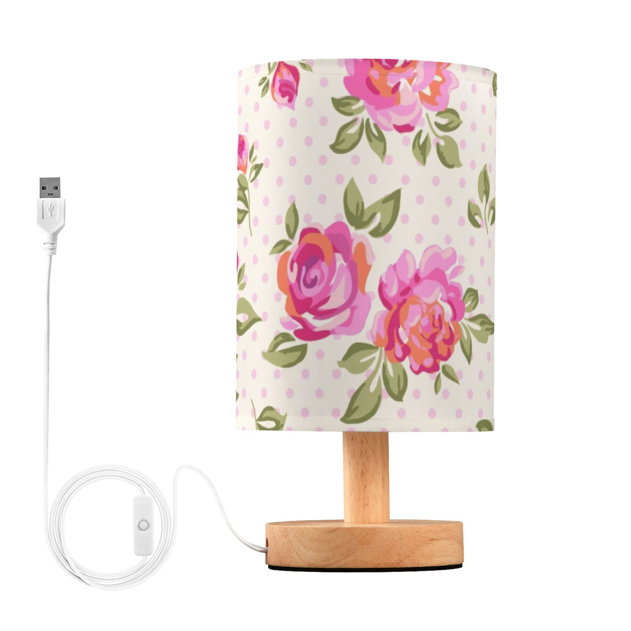 Rose Flower and Polka Dots Bedside Table Lamp LED Warm Lights with USB ...