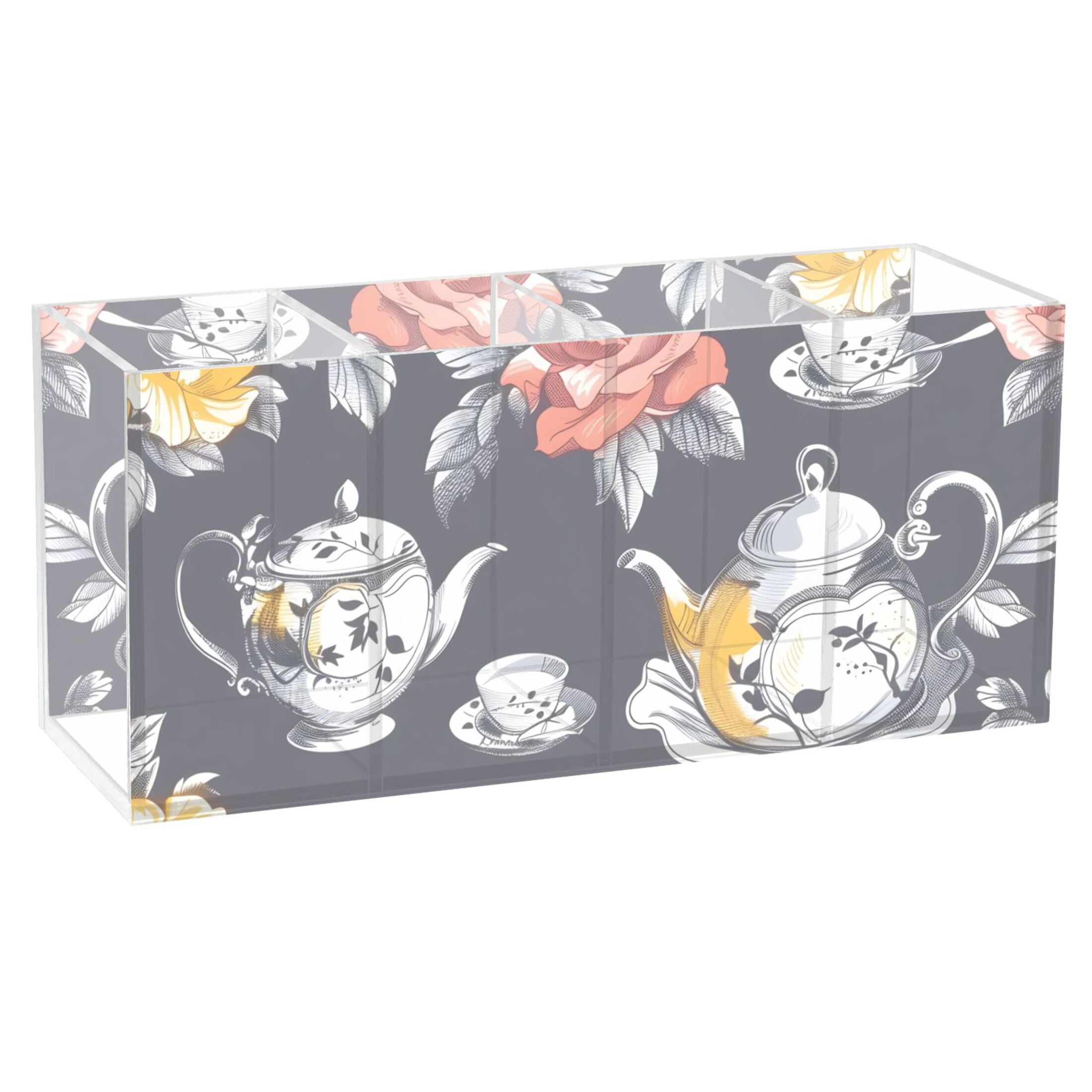 Rose Flower Teacup Teapot Acrylic Pen Holder 4 Compartments Clear ...
