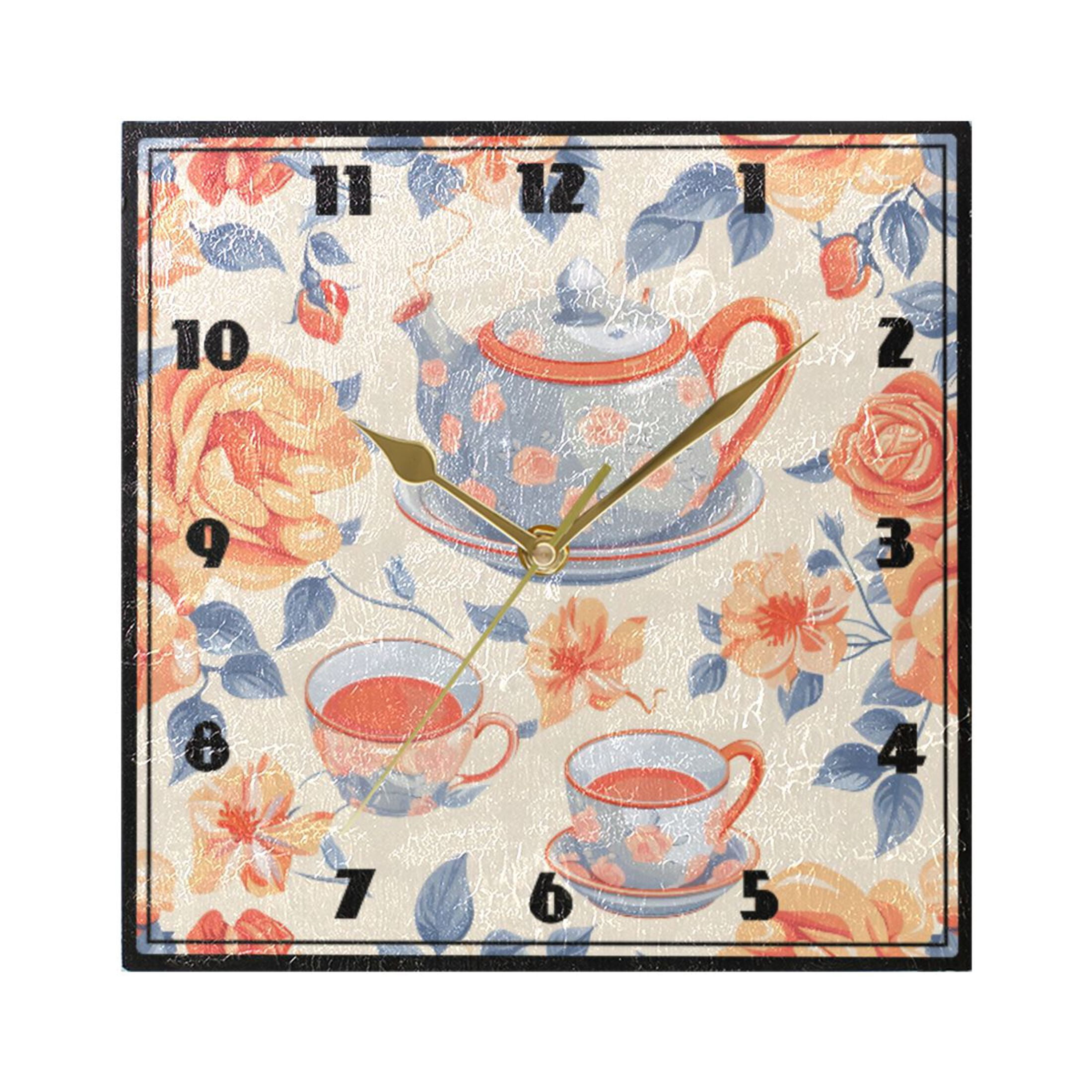 Rose Flower Teacup Teapot Leaf Wall Clock 7.78" Non-Ticking Silent ...