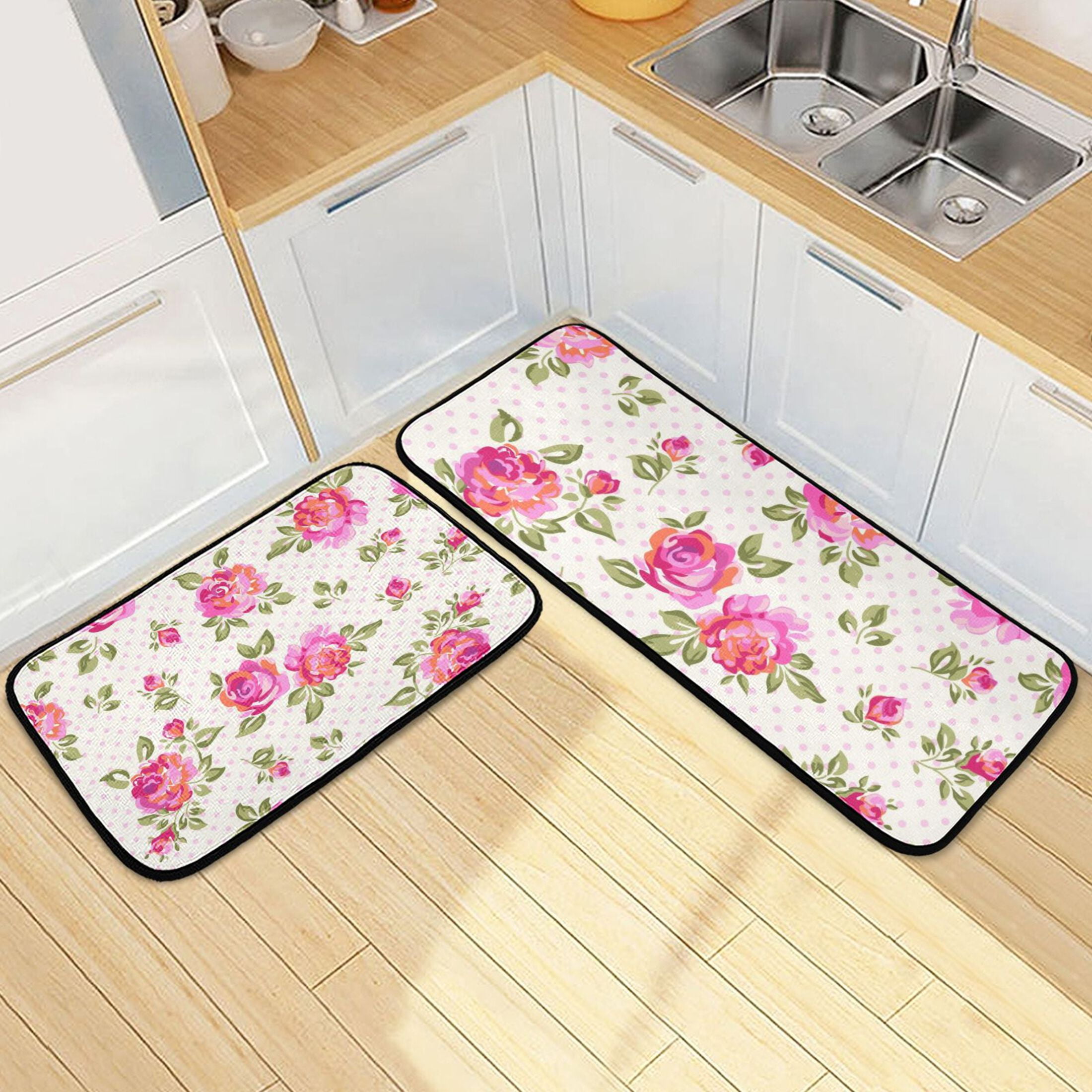 Rose Flower and Polka Dots Kitchen Rugs Set of 2 Non Slip Floor Foam ...