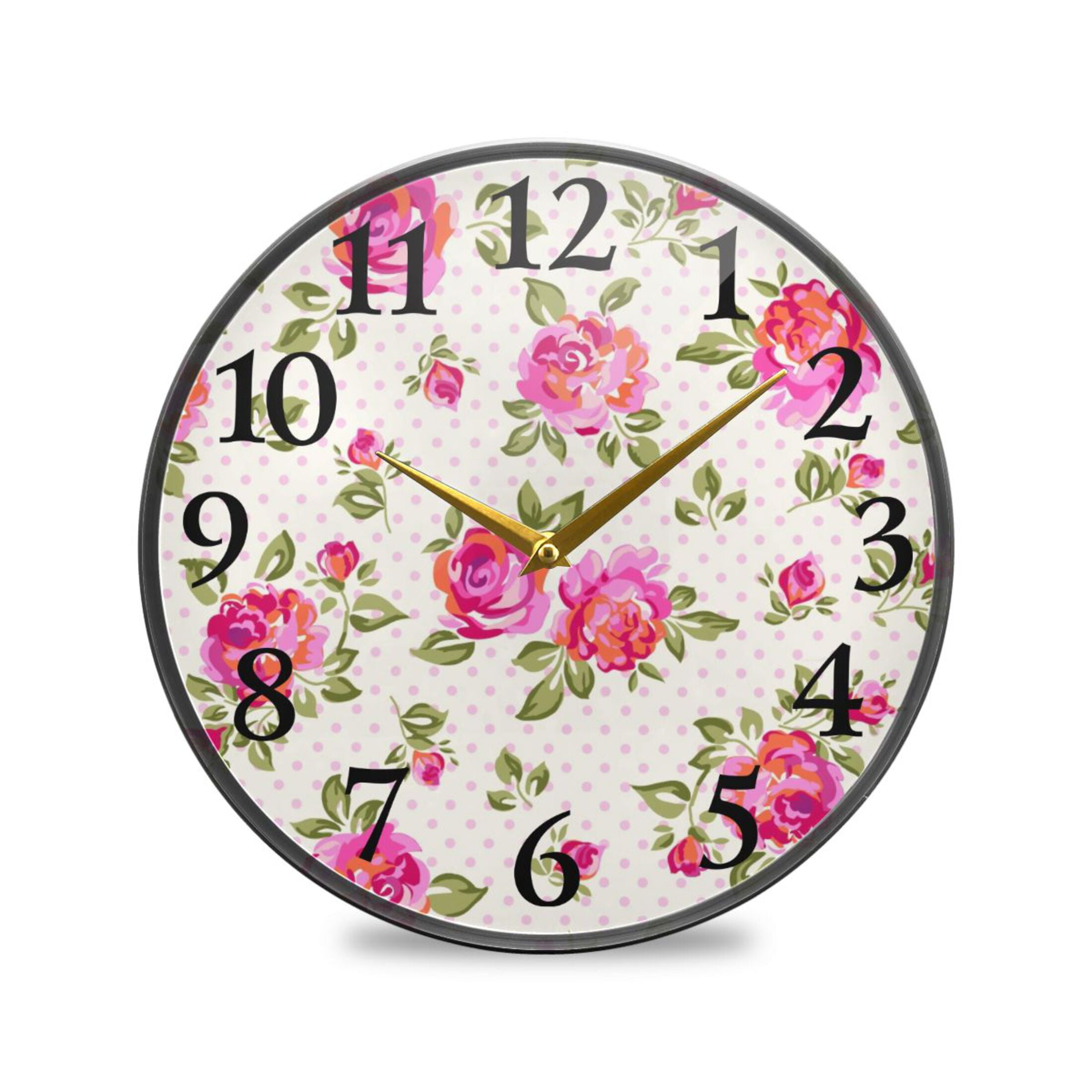 Rose Flower and Polka Dots Wall Clocks Battery Operated 9.5 Inch Round ...