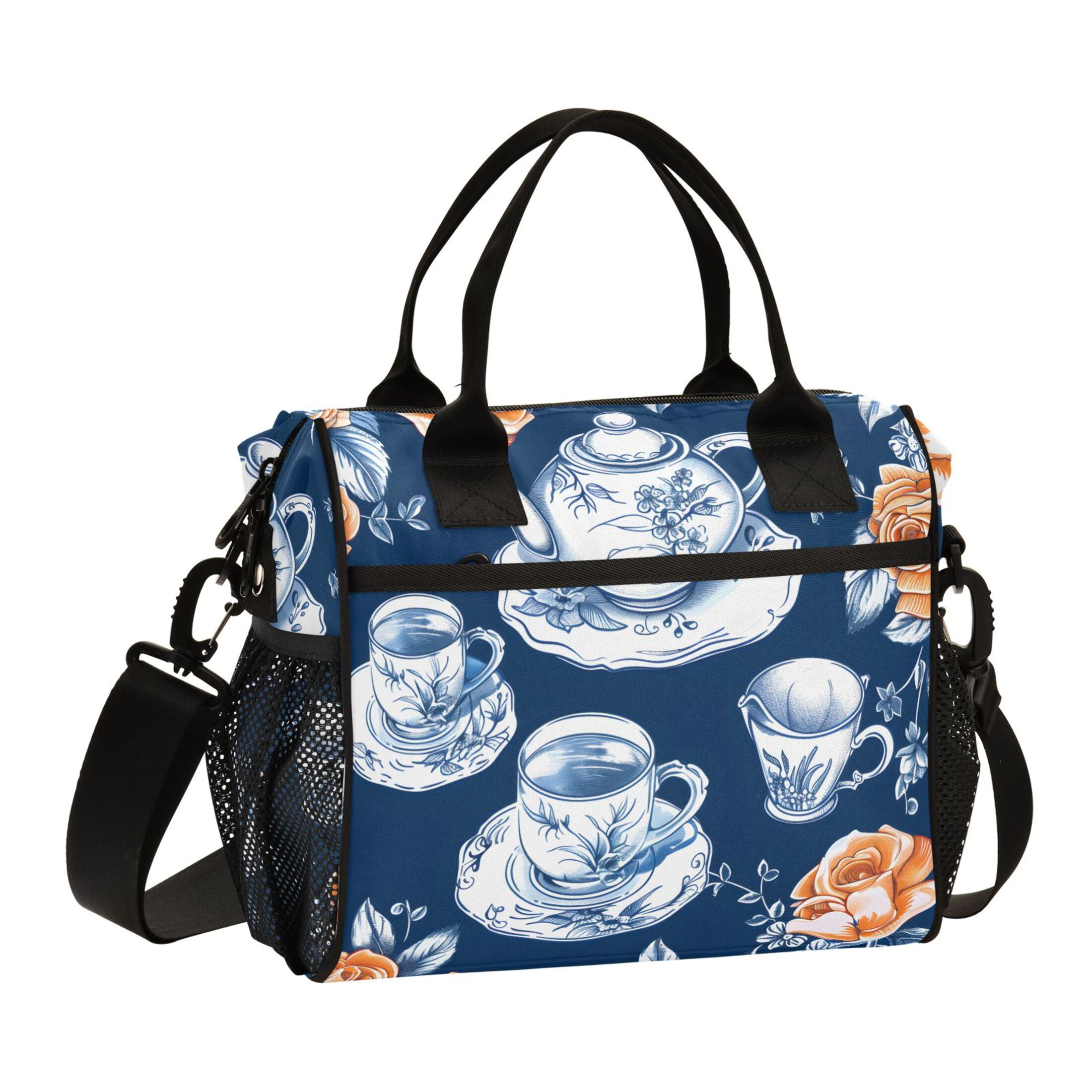 Rose Flower and Porcelain Teacup Teapot Lunch Bag Insulated Lunch Box ...