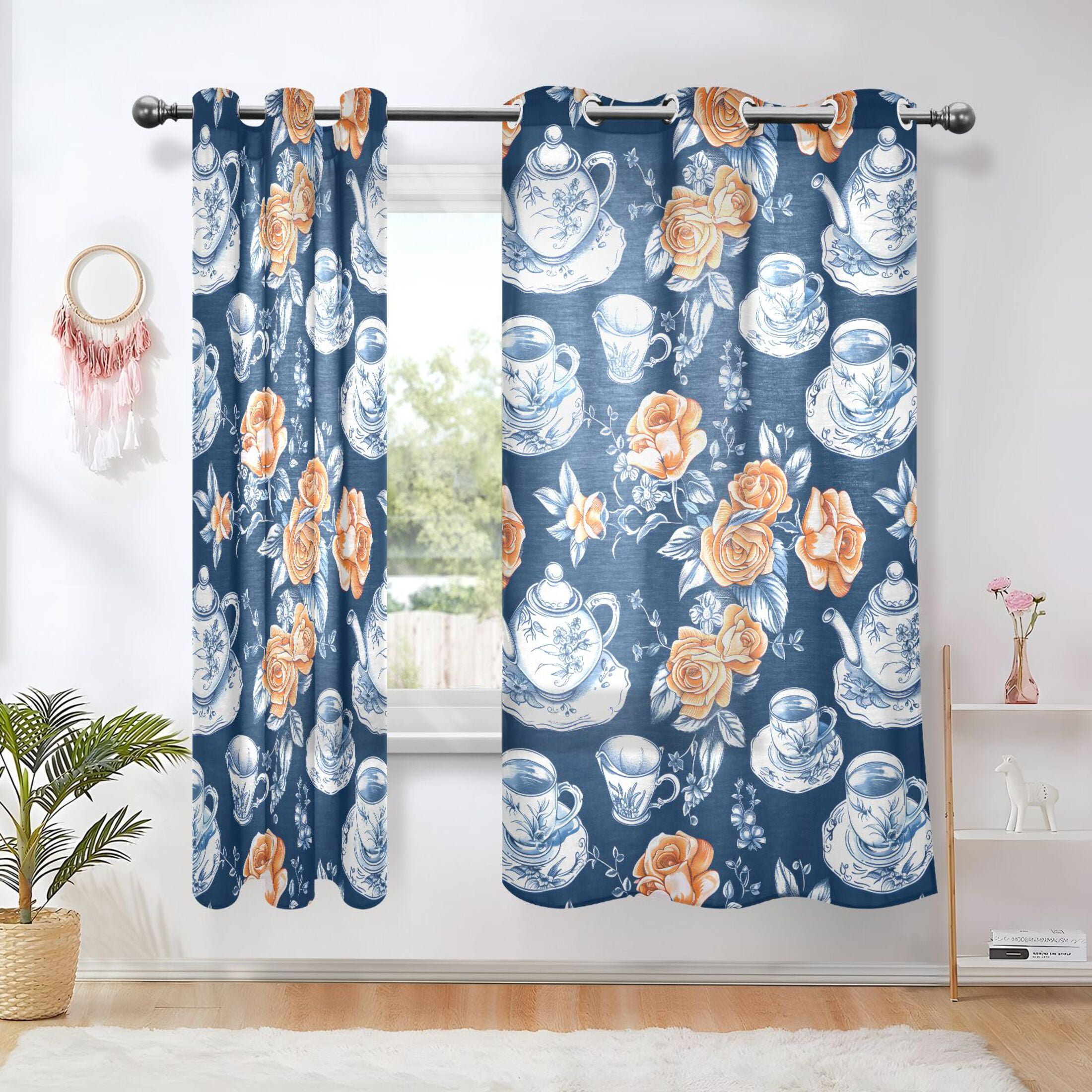 Rose Flower and Porcelain Teacup Teapot Sheer Curtains 2 Panels Set ...