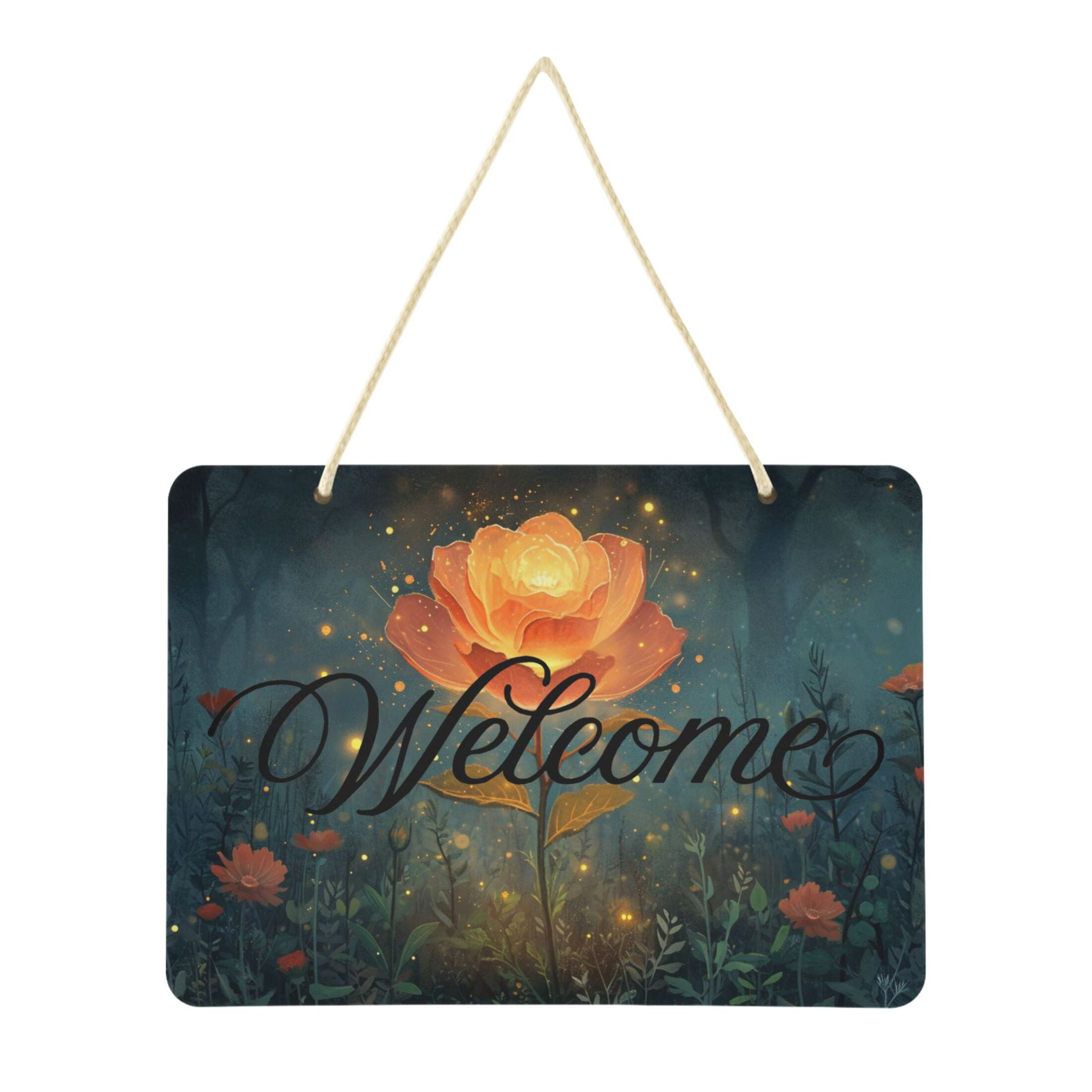 Rose Flower with Fireflies Welcome Sign Front Door PVC 14x10 inch ...