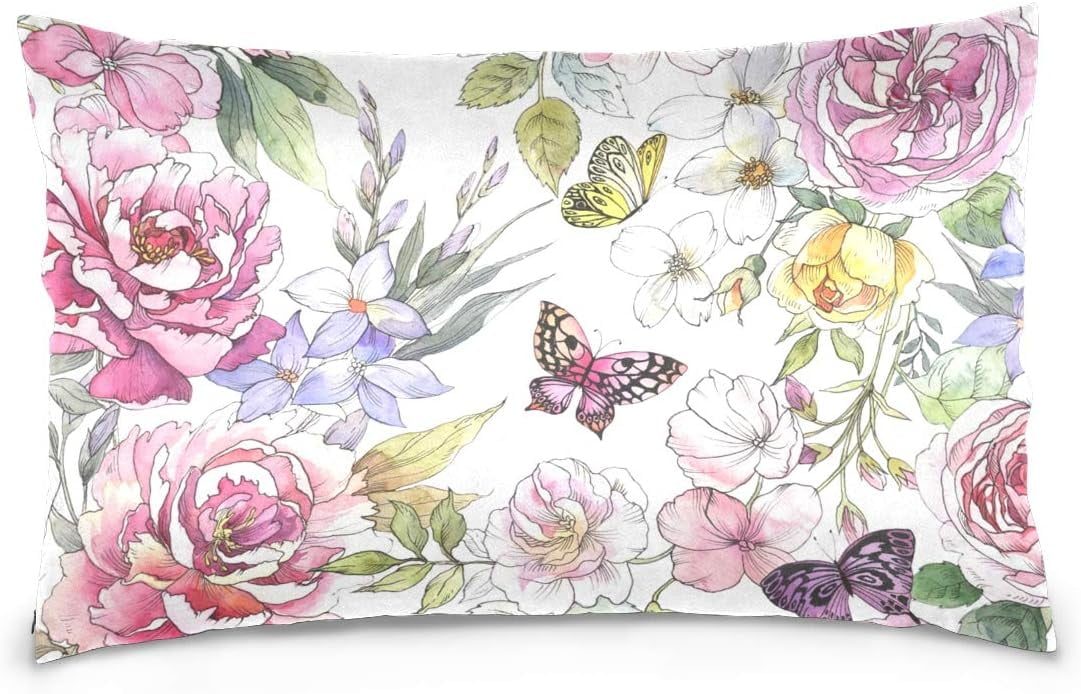 Rose Flowers Butterflies Velvet Oblong Lumbar Plush Throw Pillow Cover ...