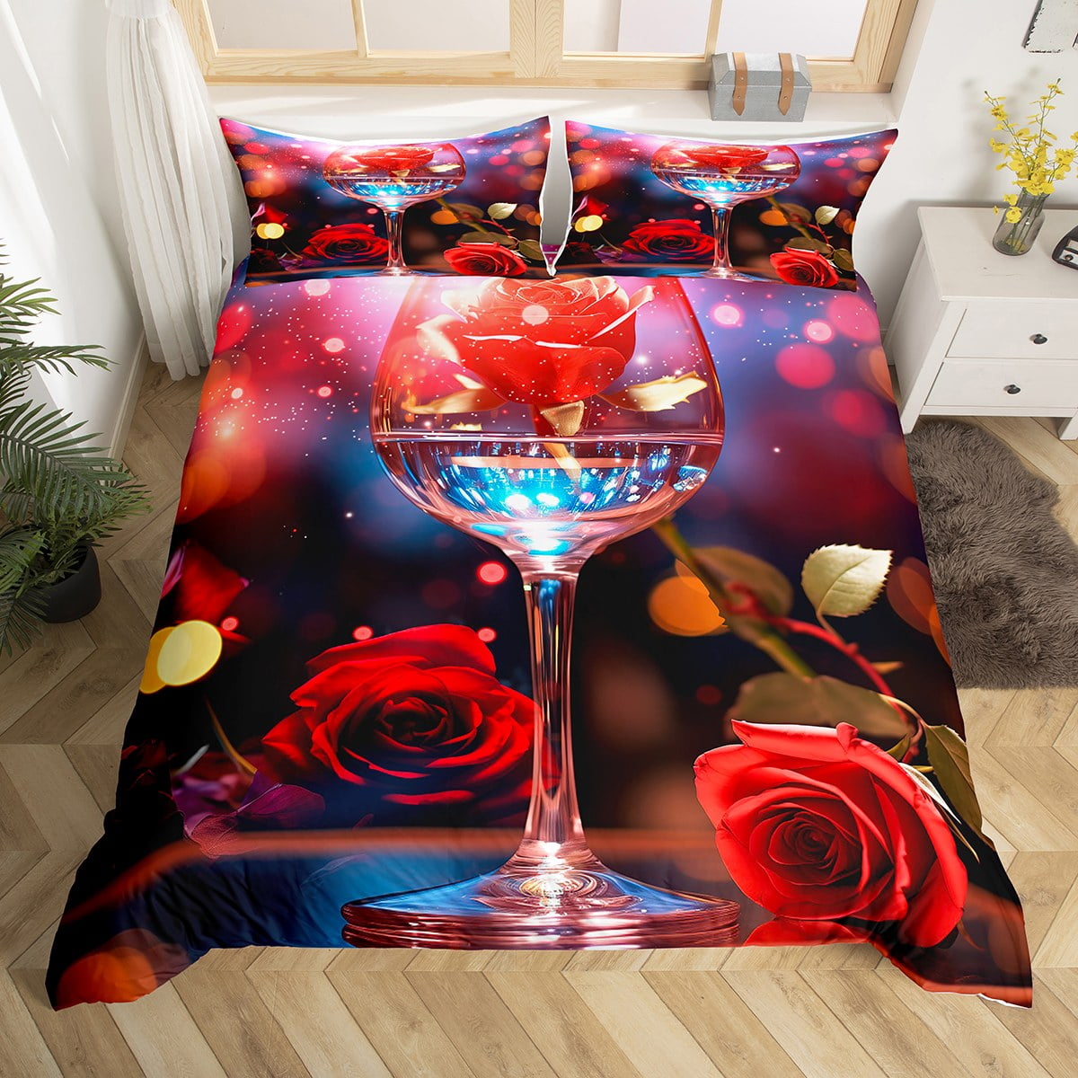 Rose Flowers Duvet Cover Red Rose Wine Glass Comforter Cover King for ...
