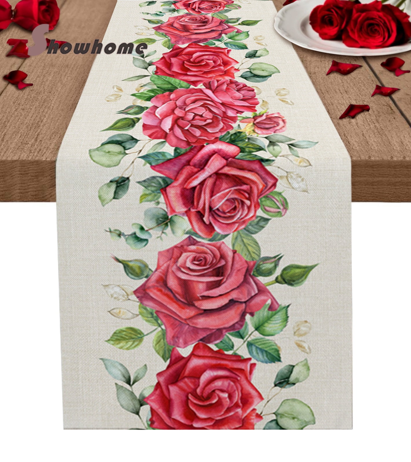 Rose Flowers Eucalyptus Table Runner Hotel Party r Dining Tablecloth ...