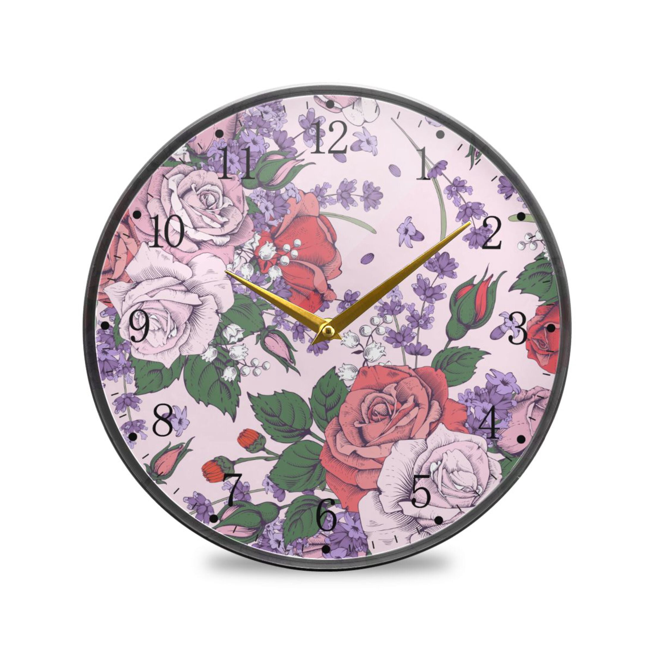 Rose Flowers and Lavender on Pink Acrylic Wall Clocks Quiet Round Clock ...