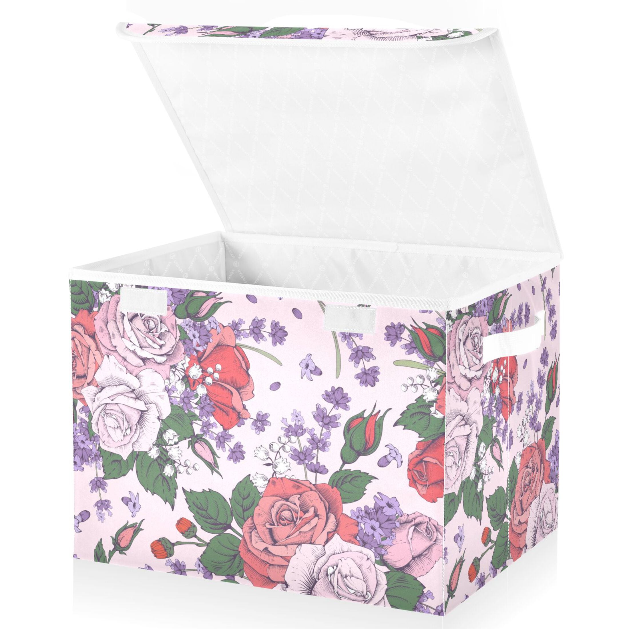 Rose Flowers and Lavender on Pink Large Lidded Bin Foldable Storage ...