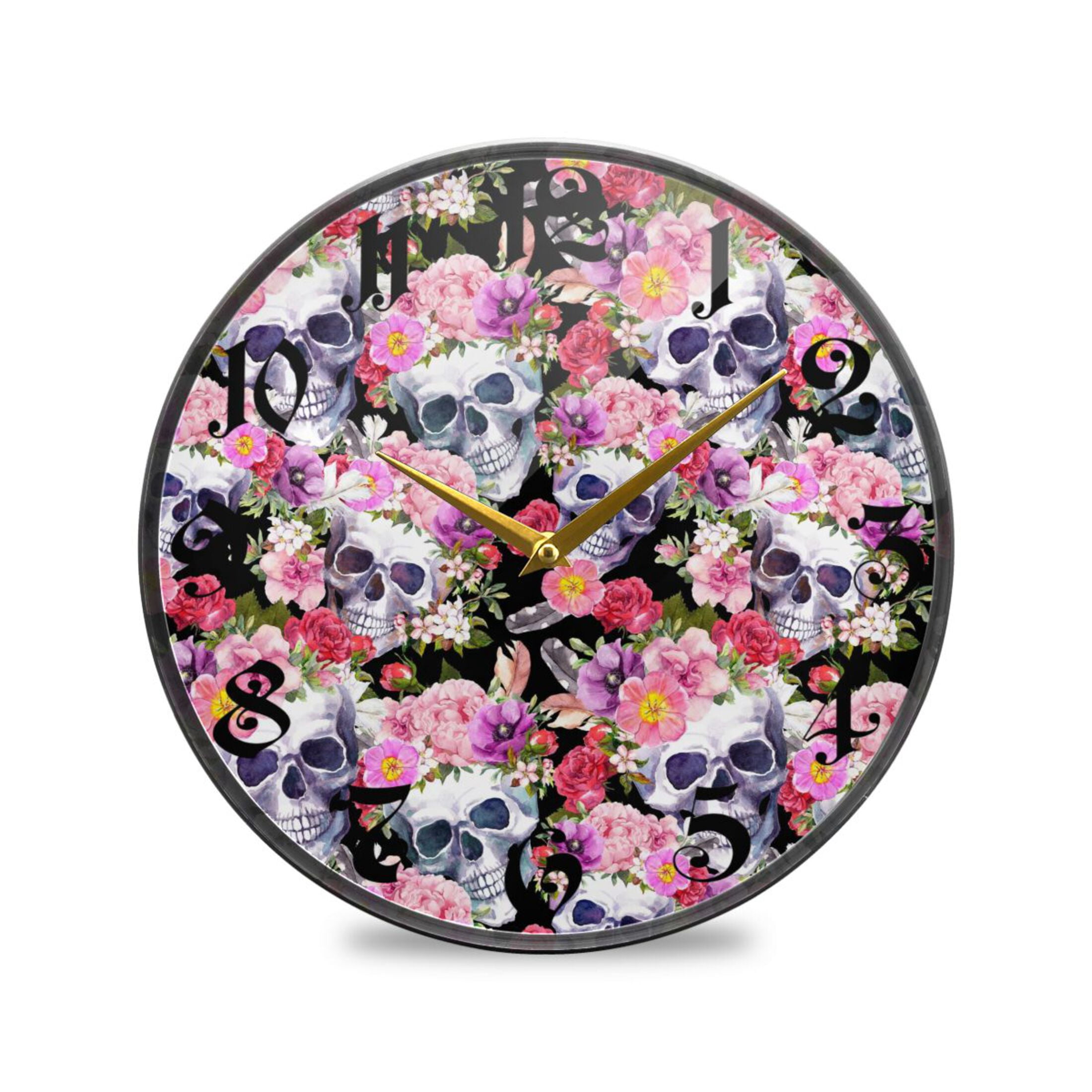 Rose Flowers and Skeleton Skull Acrylic Wall Clocks Quiet Round Clock ...