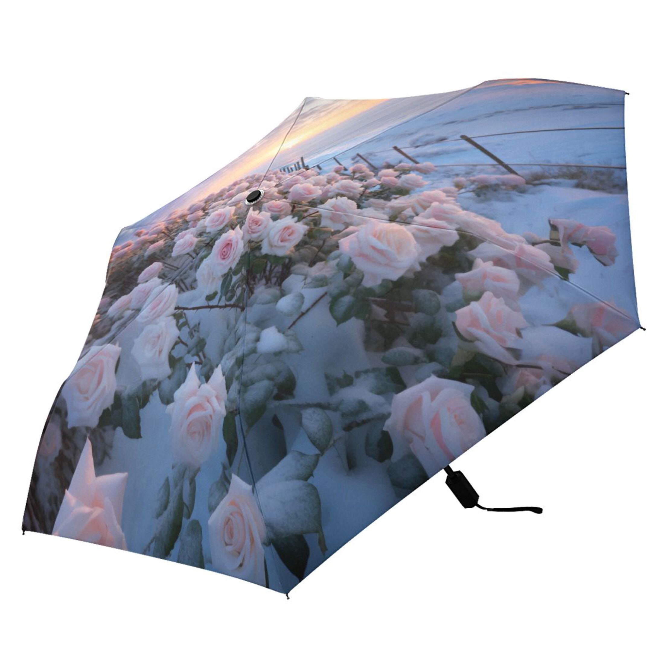 Rose Flowers on Snow Compact Folding Umbrella for Rain Windproof Travel ...