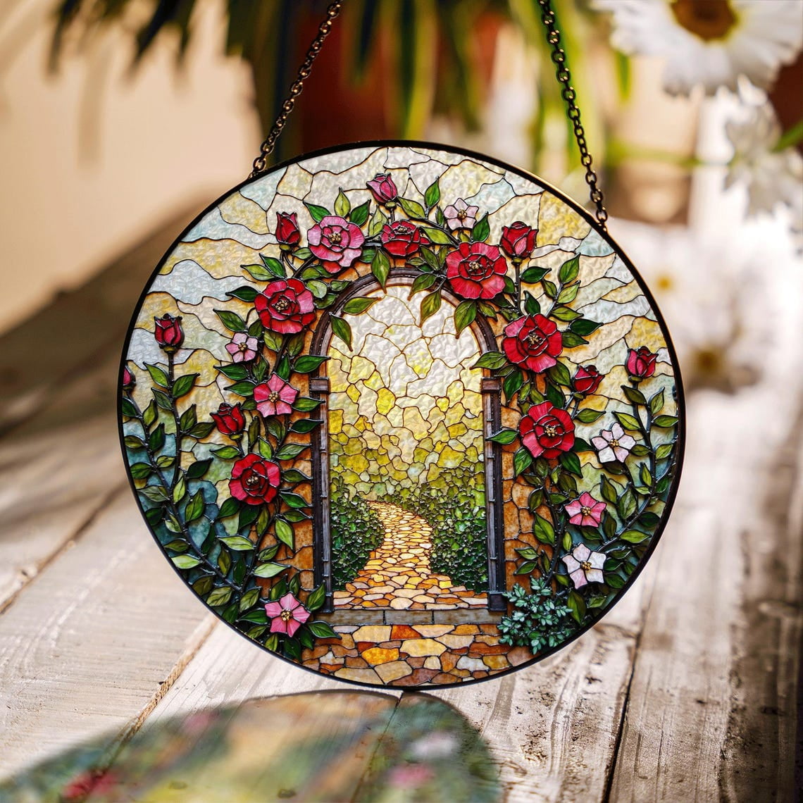 Rose Garden Arch Glass Window Suncatcher, Floral Birthday Decor, 7.9 in ...