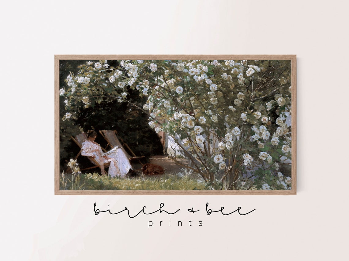 Rose Garden Painting Samsung Frame Tv Art White Roses English Cottage ...