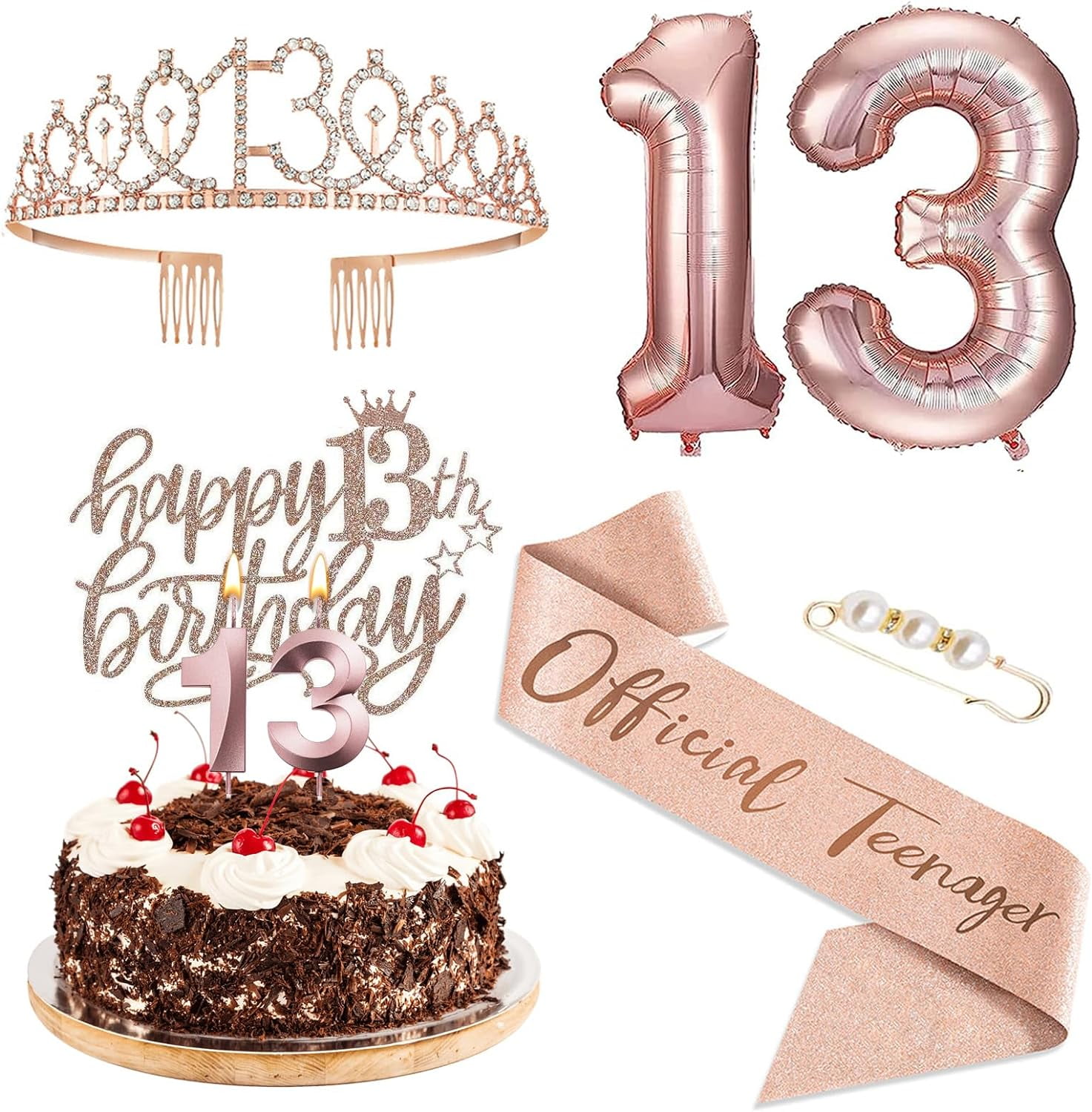 Rose Gold 13th Birthday Decoration Kit, Including Birthday Sash, Crown ...